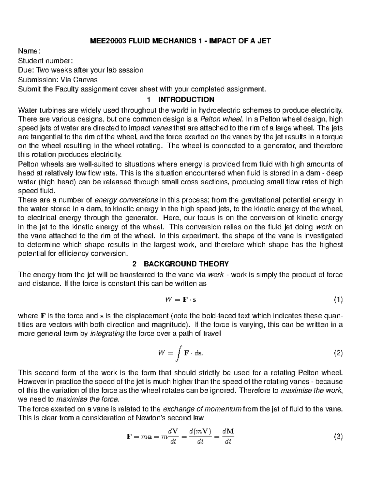 Lab jet impact - Lab 2 - MEE20003 FLUID MECHANICS 1 - IMPACT OF A JET ...