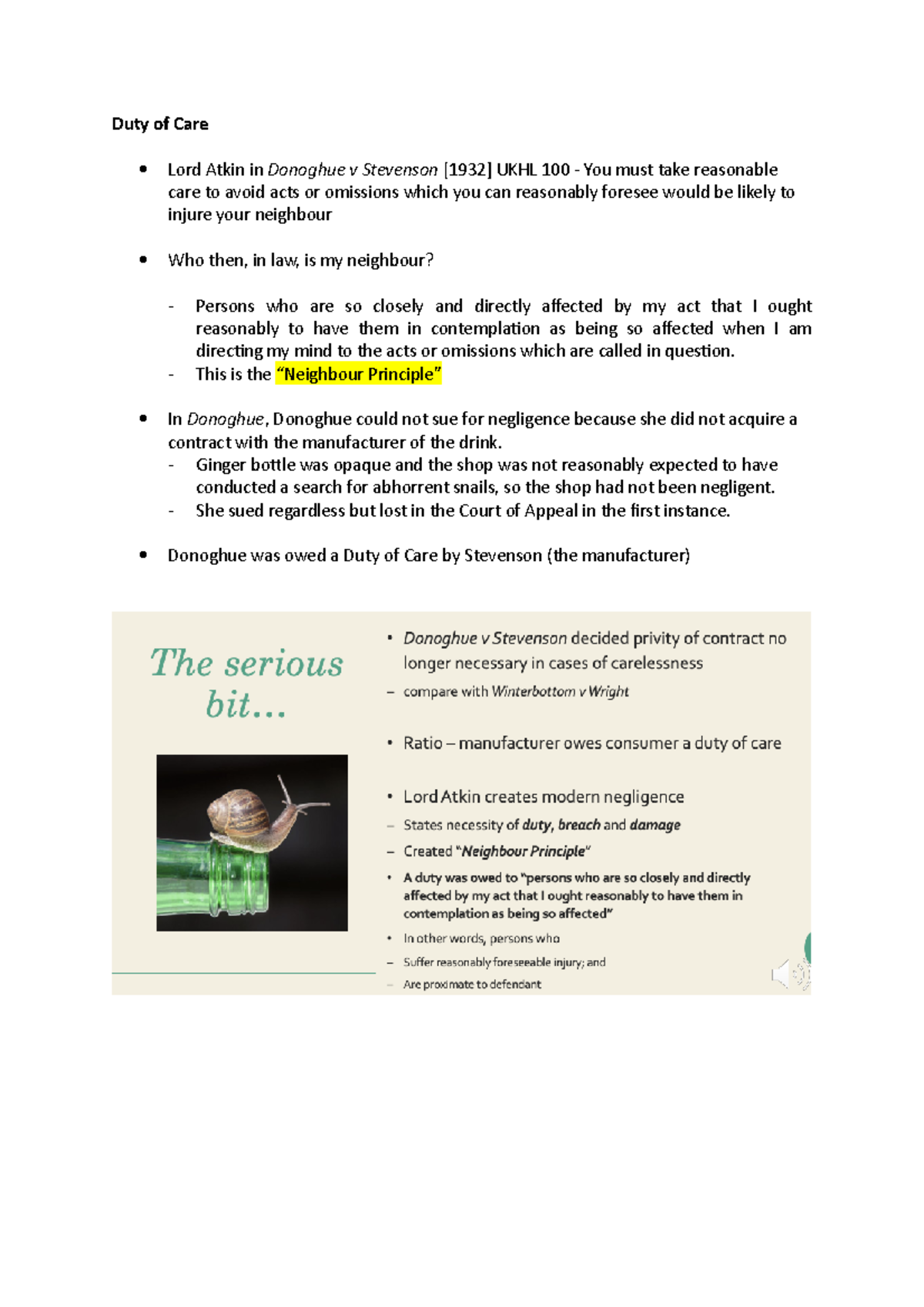 Duty of Care - Lecture notes on Duty of Care. - Duty of Care Lord Atkin ...