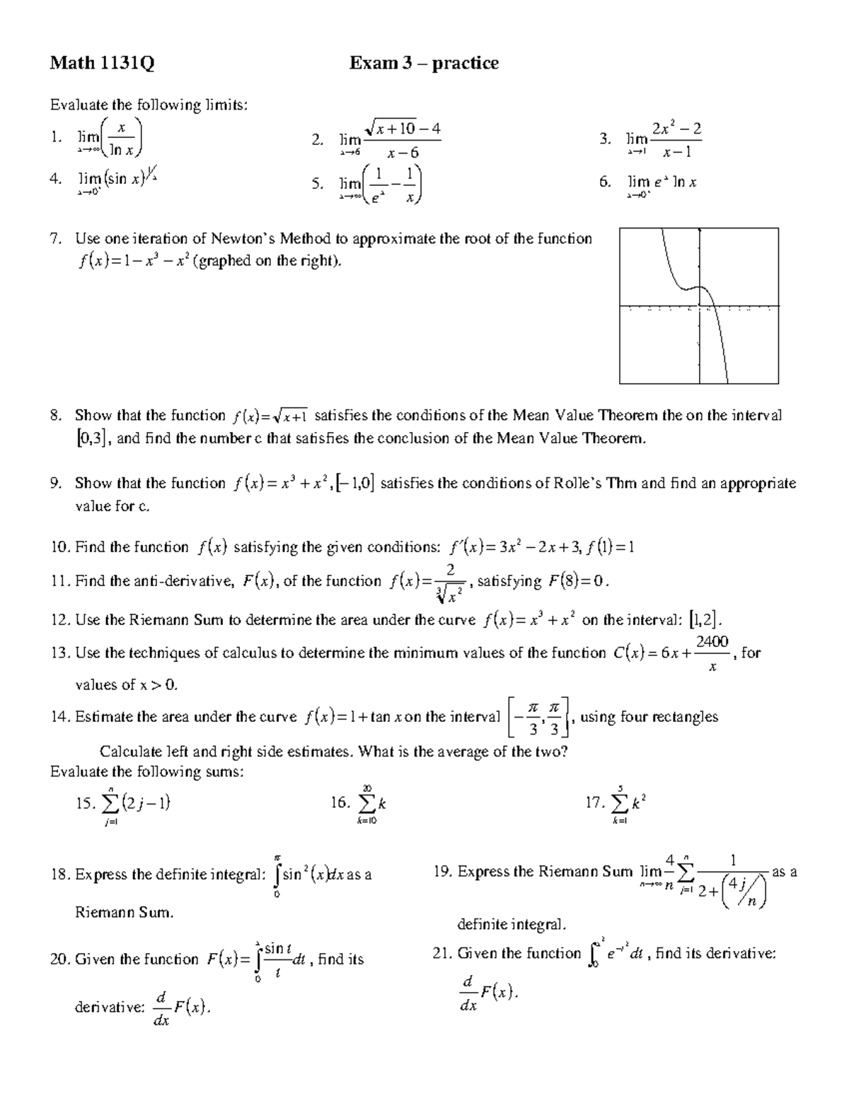 Exam 3 - prep - Smith Calc 1 Exam 3 Prep - Math 1131Q Exam 3 – practice ...