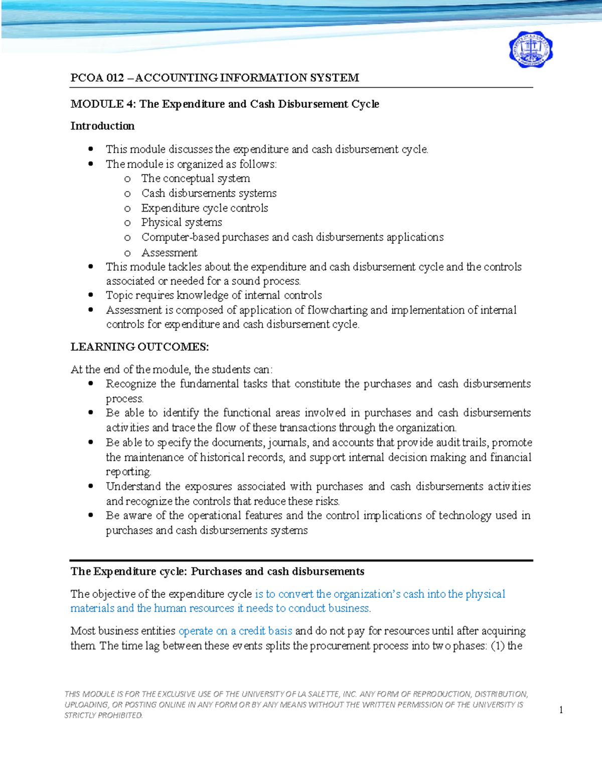 AIS Module 4 Expenditure and Cash Disbursement Cycle - THIS MODULE IS ...