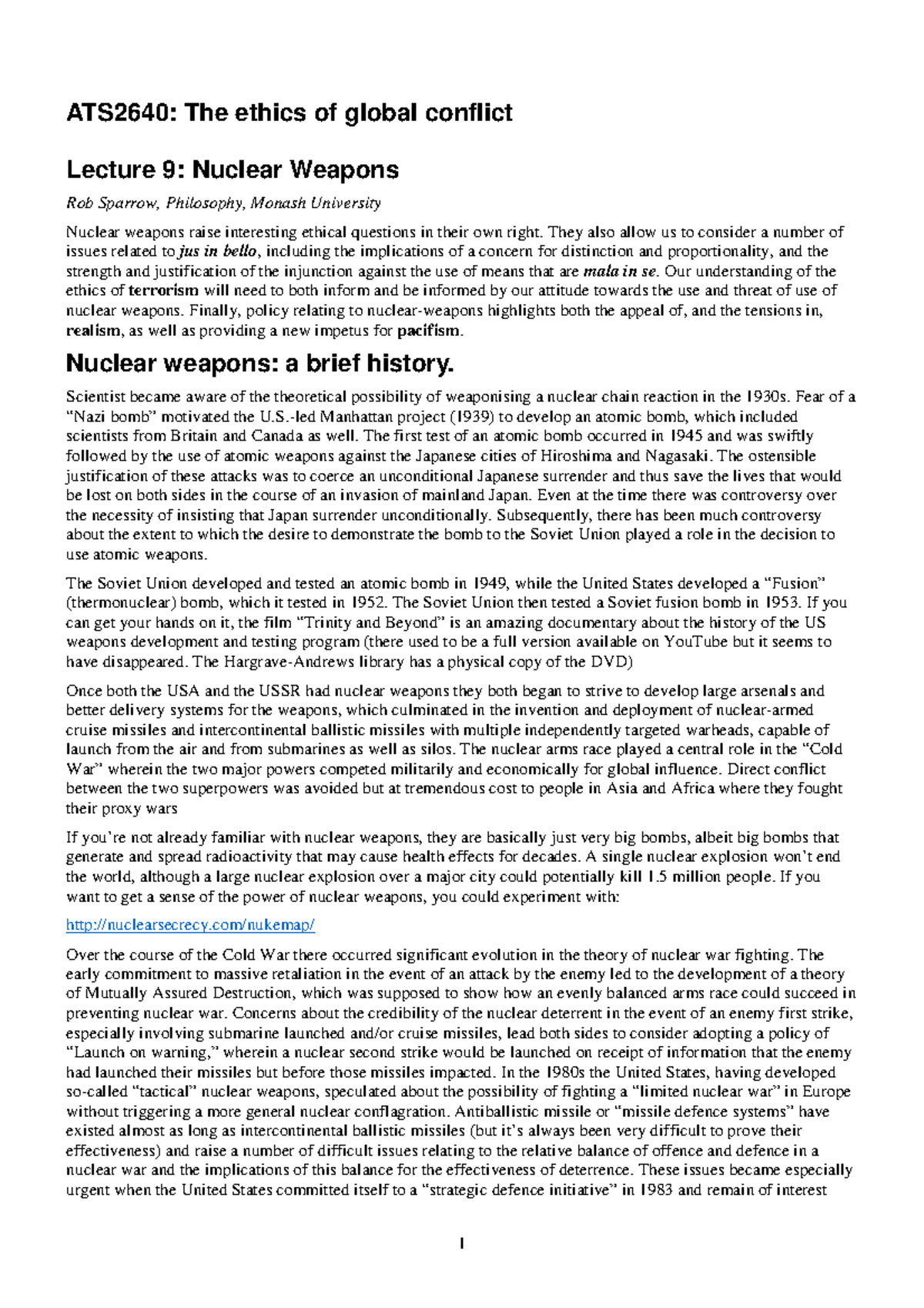 Topic 9 Nuclear Weapons - ATS2640: The ethics of global conflict ...