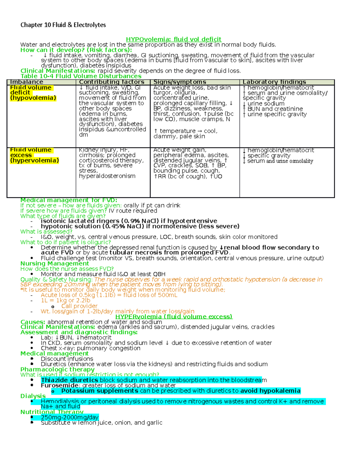 Ch 10 fluid electrolyte notes guide - HYPOvolemia: fluid vol deficit ...