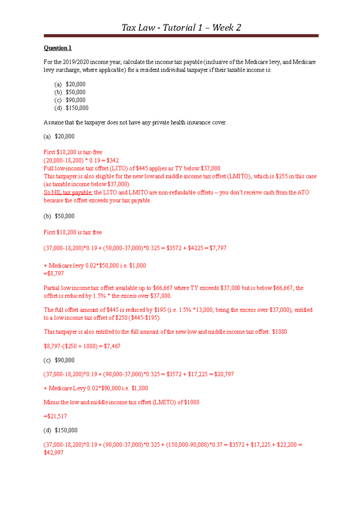 Tutorial 1 - Week 2 - Solution - Tax Law - Tutorial 1 – Week 2 Question ...
