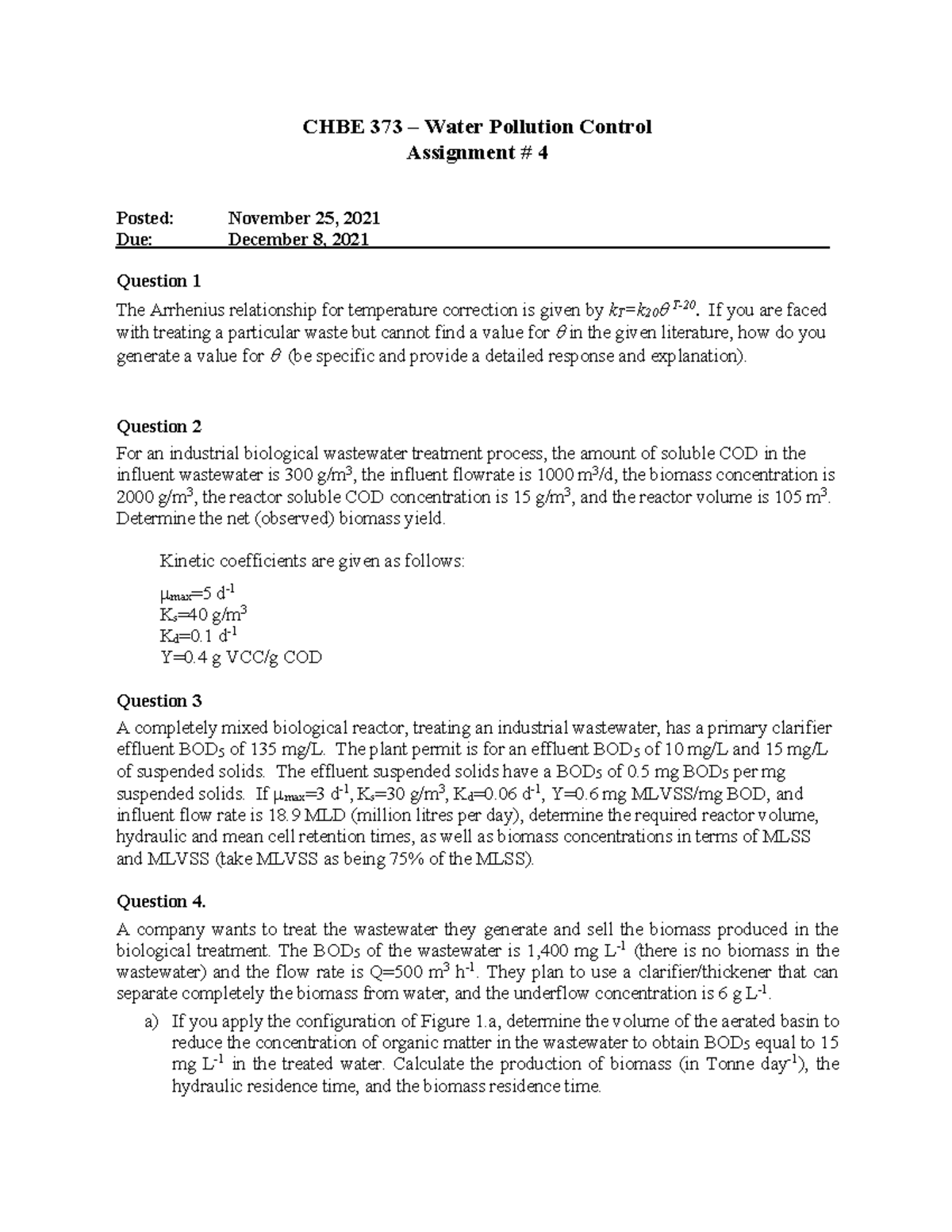 Assignment # 4 - Nov. 25 2021 - CHBE 373 3 Water Pollution Control Assignment # 4 Posted ...