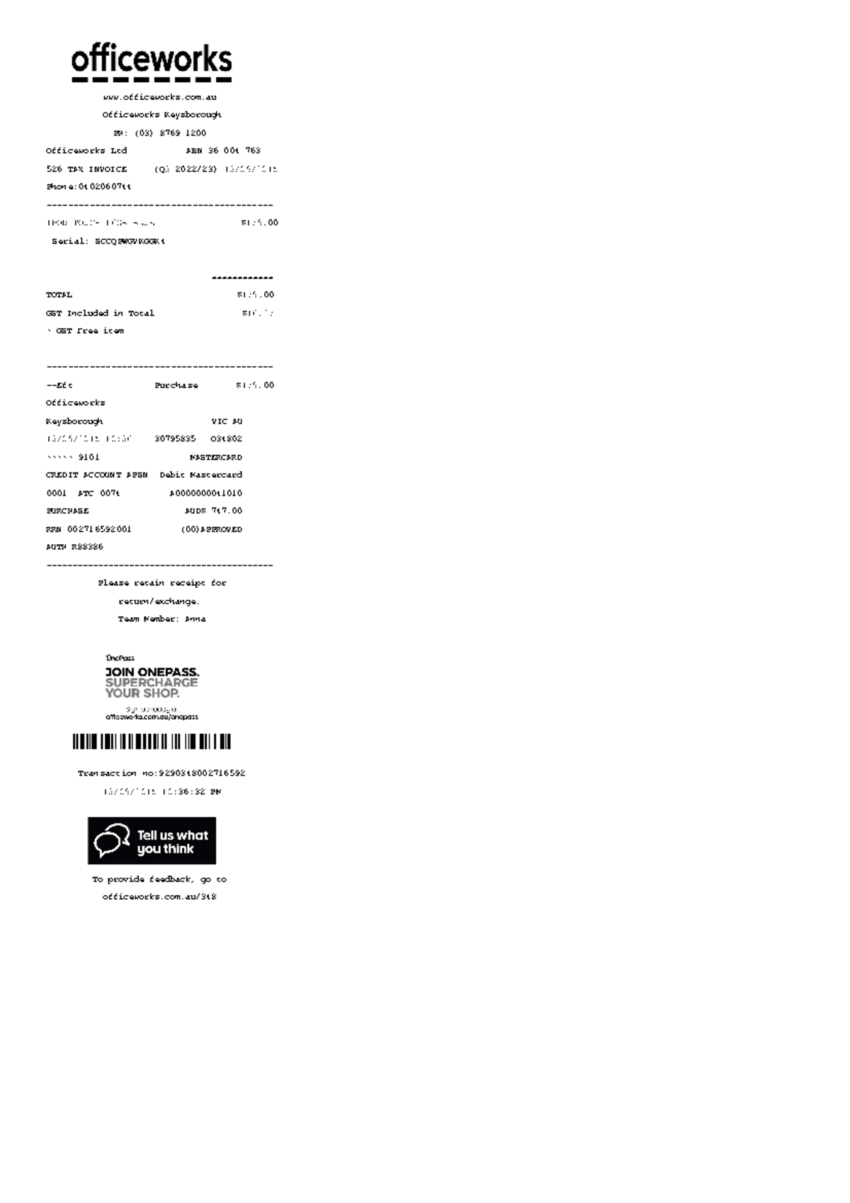 Officeworks Receipt 9290348002716592 - officeworks.com Officeworks ...