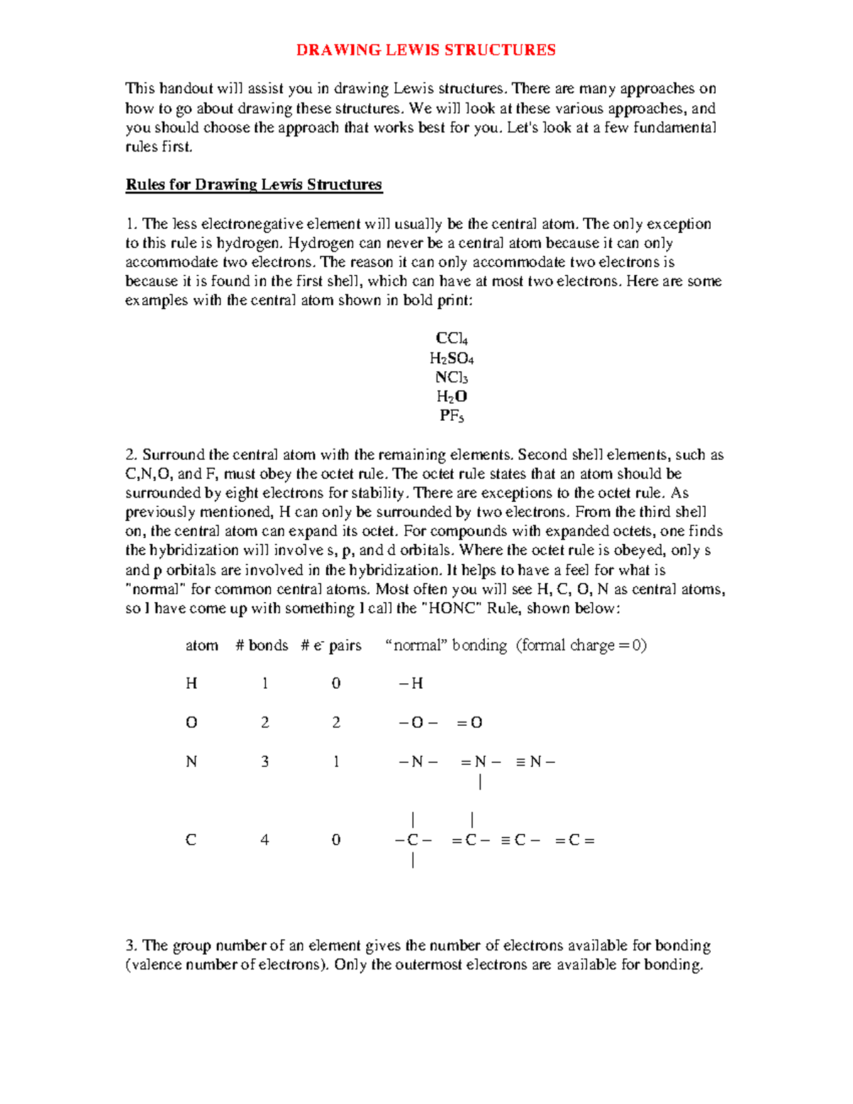Lewis structures - Chimie - DRAWING LEWIS STRUCTURES This handout will ...