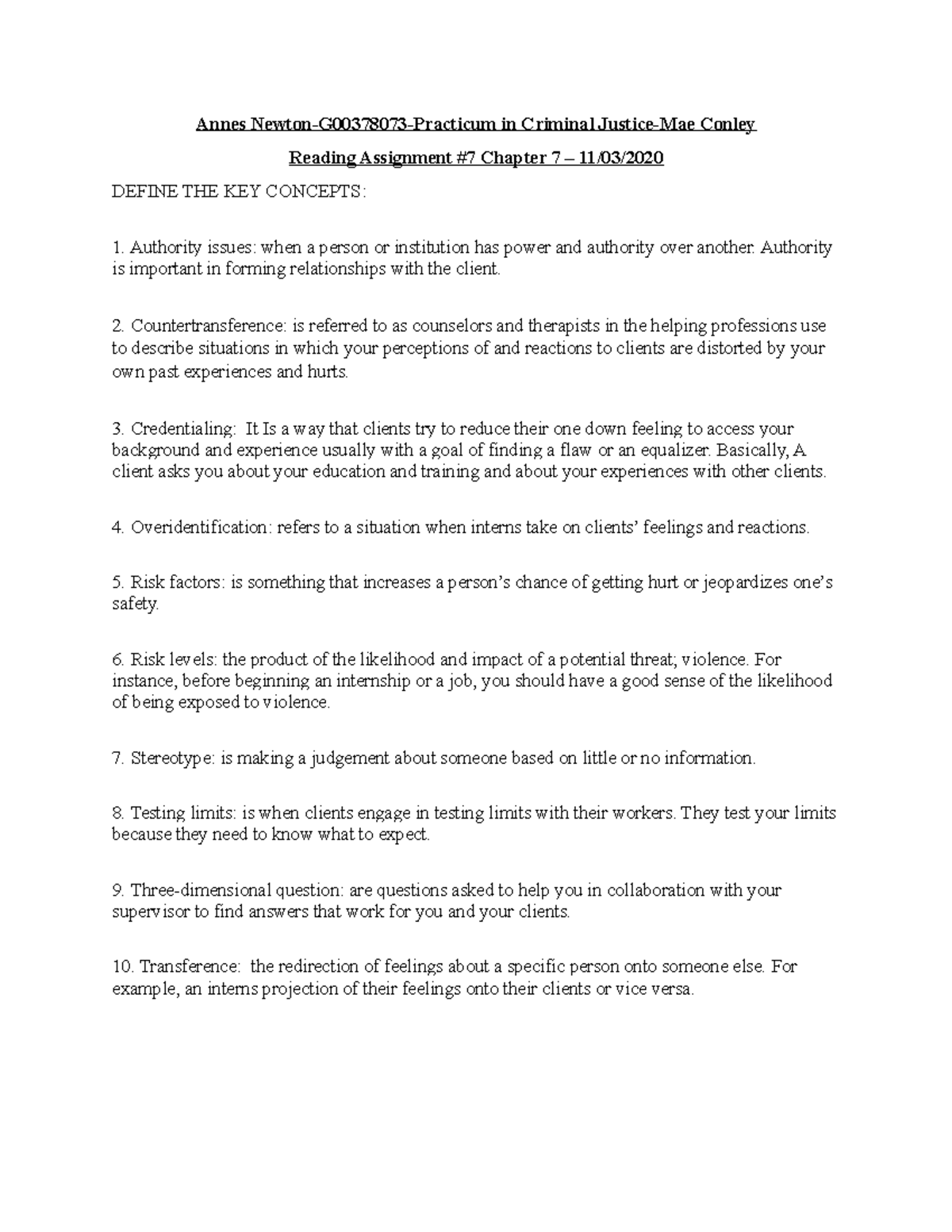 Reading Assignment # 7 chapter seven - Annes Newton-G00378073-Practicum in Criminal Justice-Mae ...