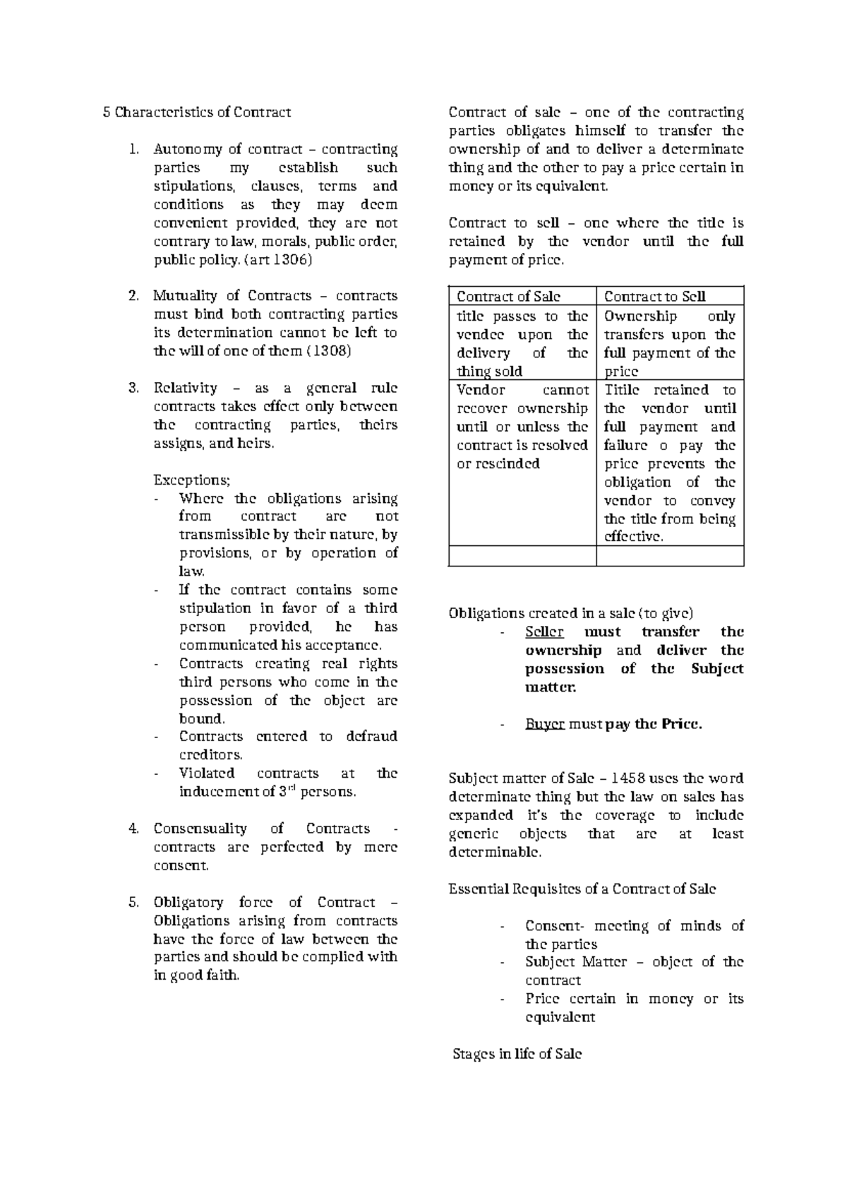 Contract of sale notes - 5 Characteristics of Contract 1. Autonomy of ...