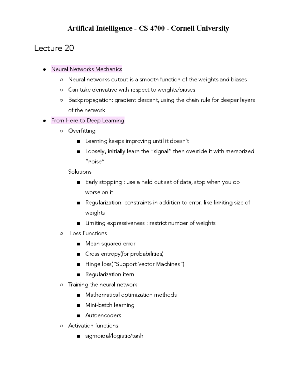 Cornell University - Artifical Intelligence - Lec 20 - Lecture 20 ...