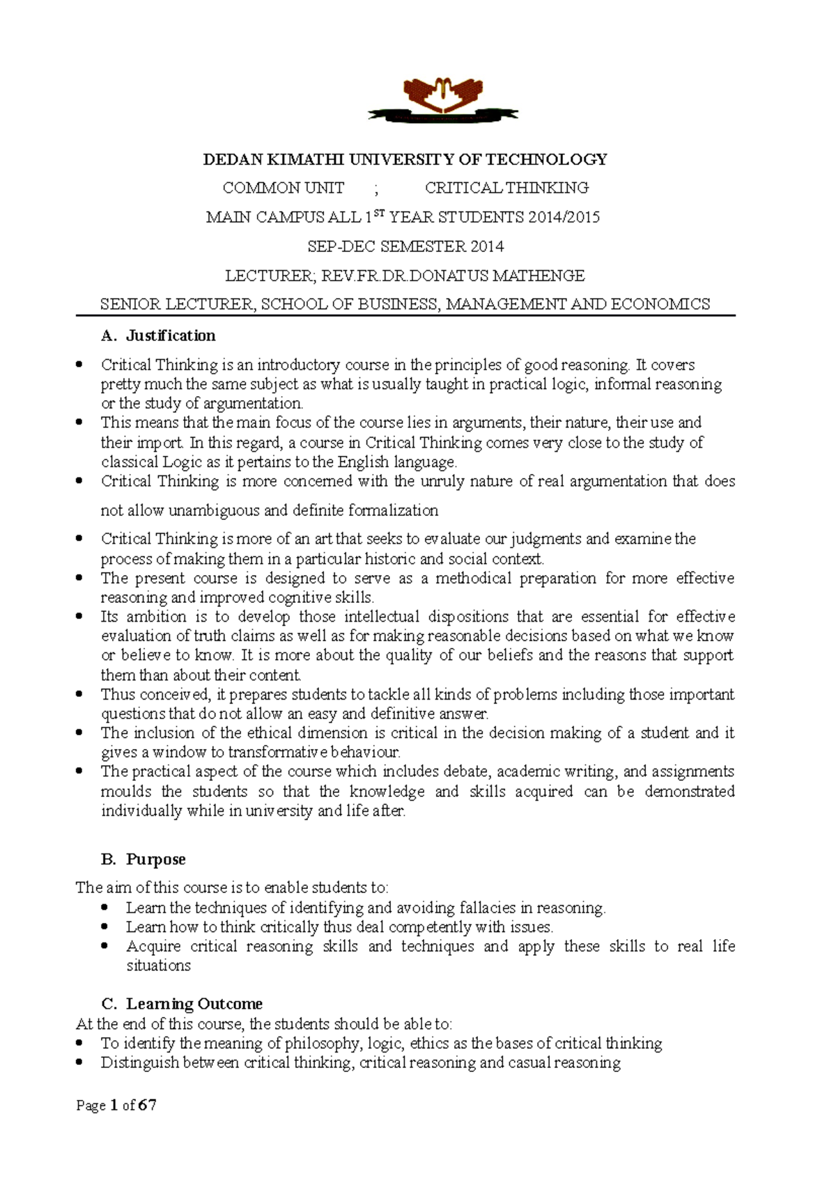Topic 1 2 3 Critical Thinking 2014 - DEDAN KIMATHI UNIVERSITY OF TECHNOLOGY COMMON UNIT ...