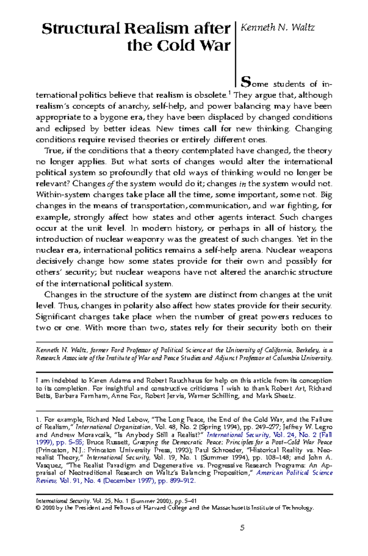 Waltz Structural Realism after the Cold War - Structural Realism after ...