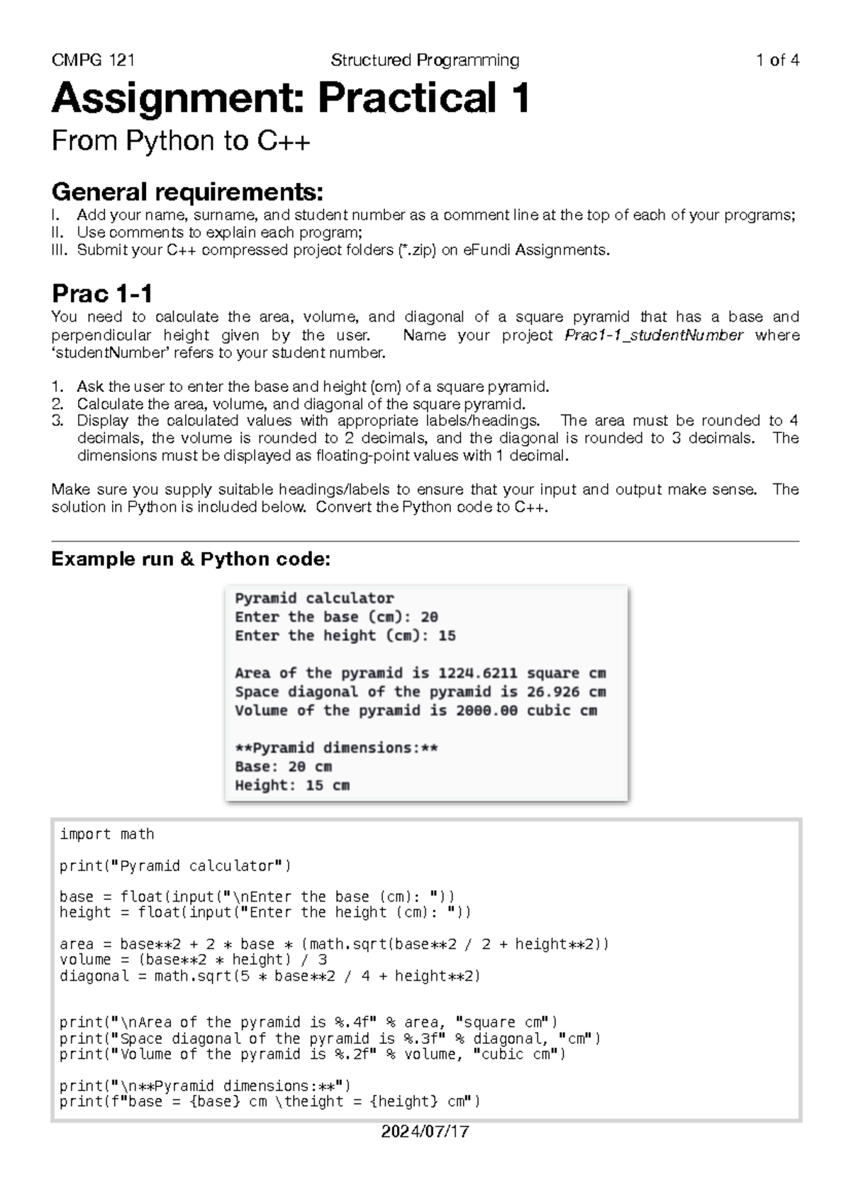 CMPG121 Week1 Practical 1 - Assignment: Practical 1 From Python to C++ General requirements: I ...
