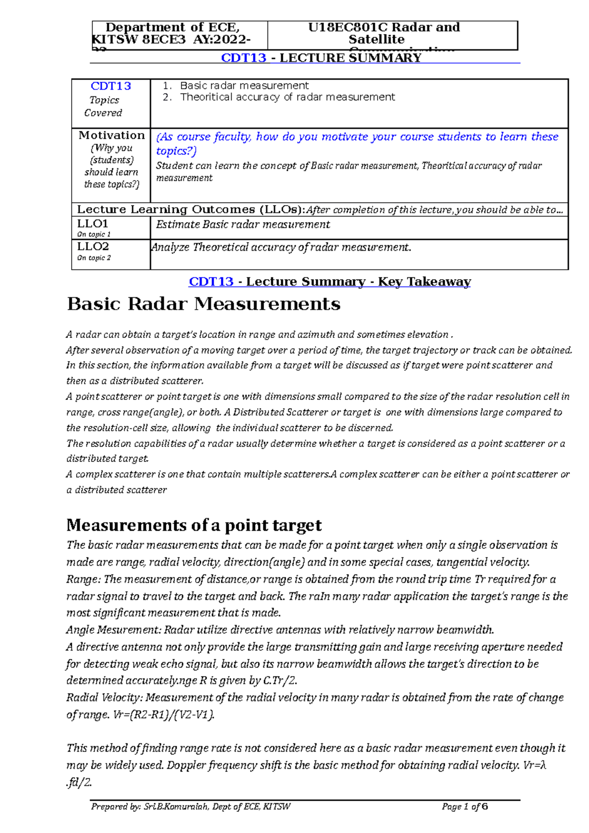 Basic radar measurement - Department of ECE, KITSW 8ECE3 AY:2022- 23 ...
