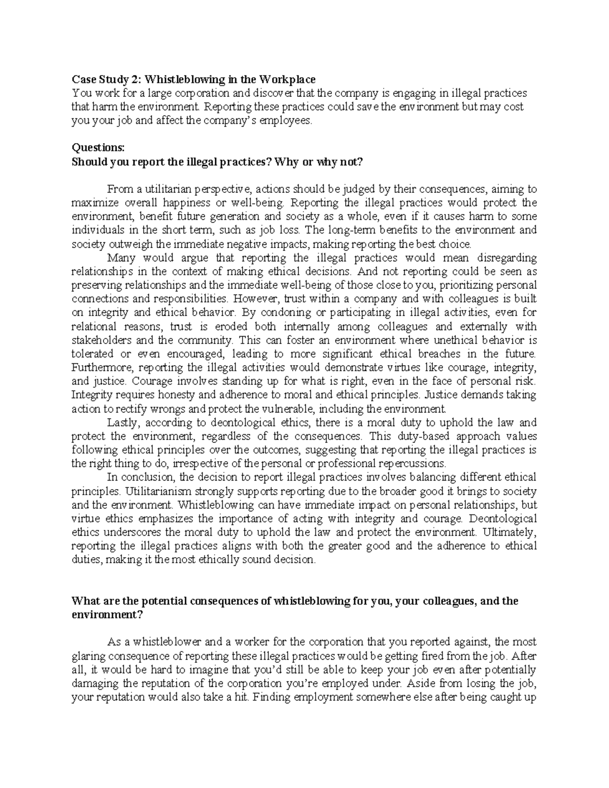 Ethics Paper on Case Study 2 - Whistleblowing in the Workplace - Case ...