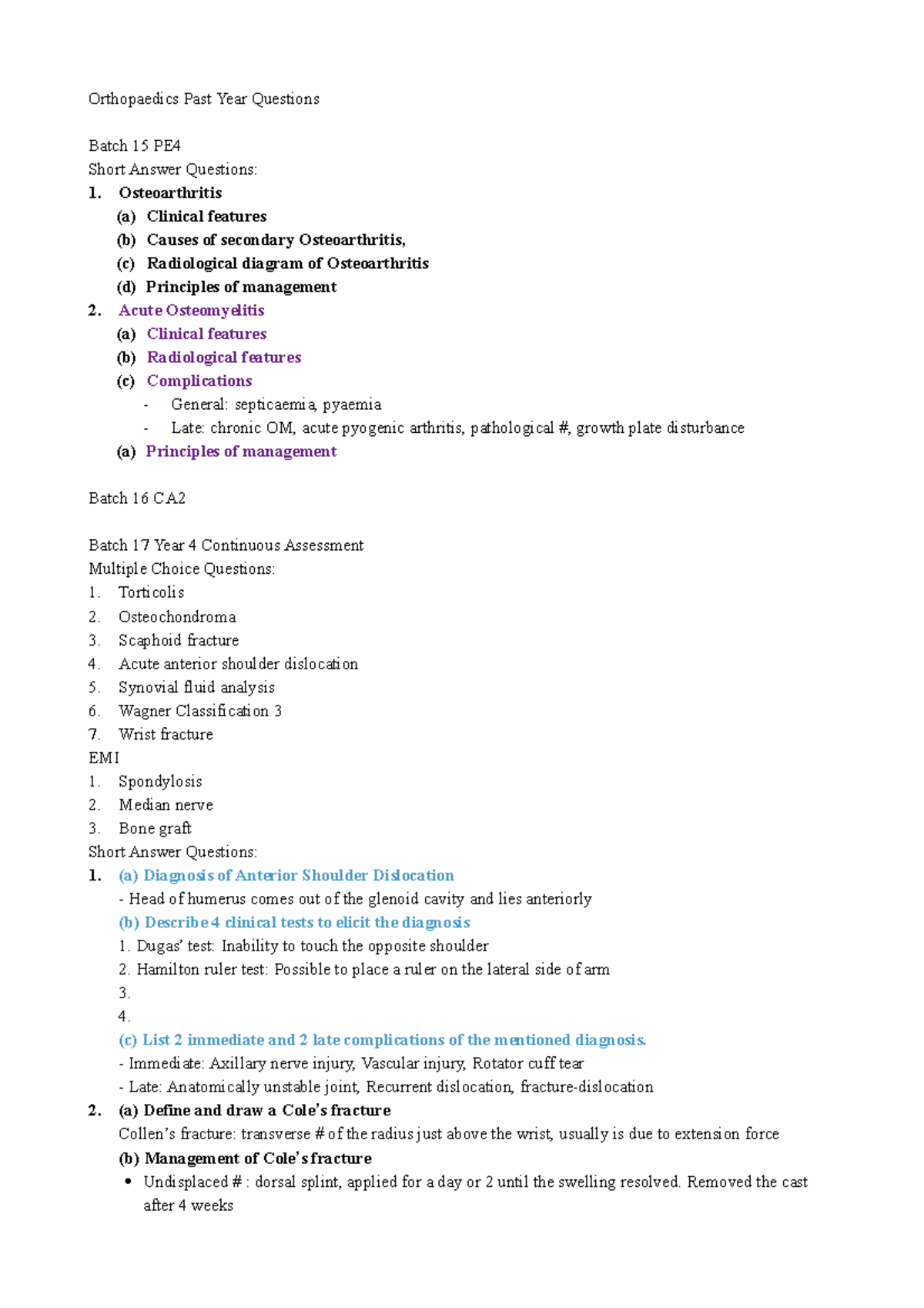 Orthopaedics with answer - Orthopaedics Past Year Questions Batch 15 PE ...
