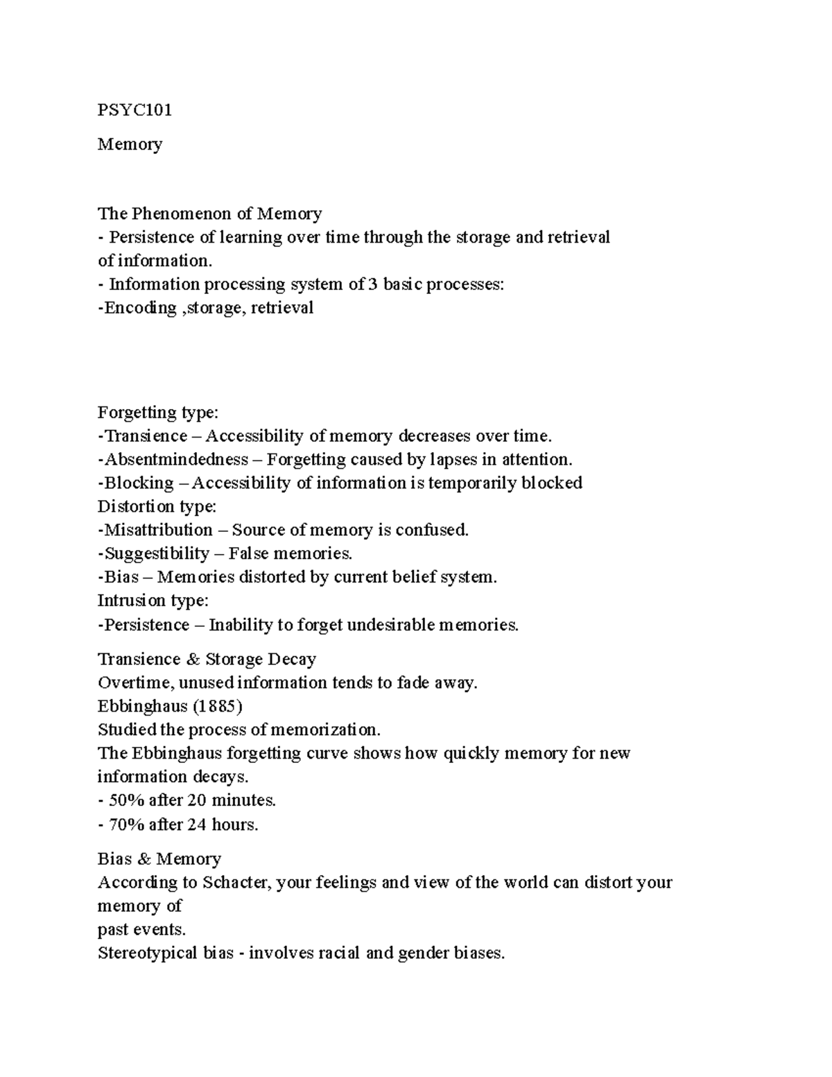 Document 20 - general psyc - PSYC Memory The Phenomenon of Memory Persistence of learning over ...