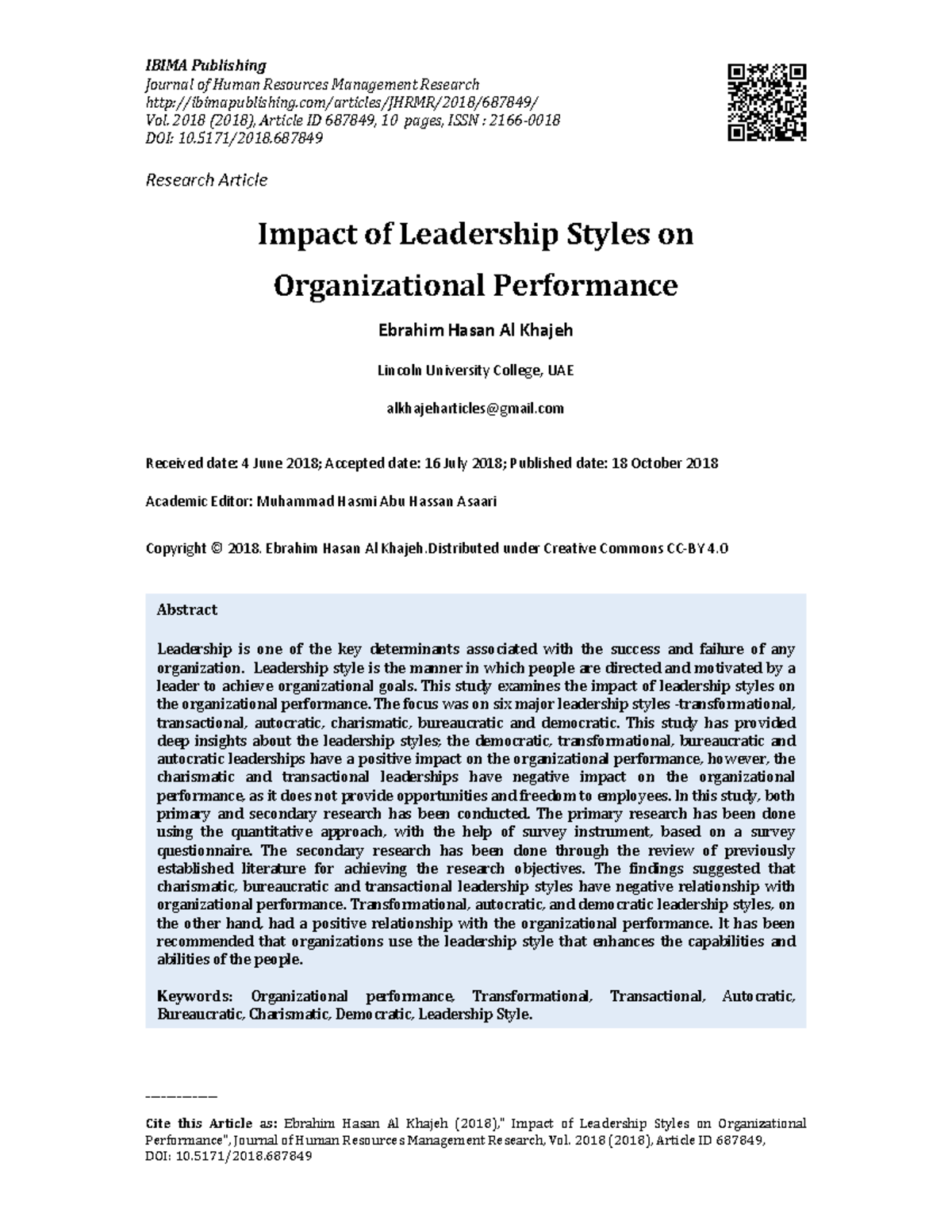 Impact OF Leadership Style Article 1 - IBIMA Publishing Journal of ...
