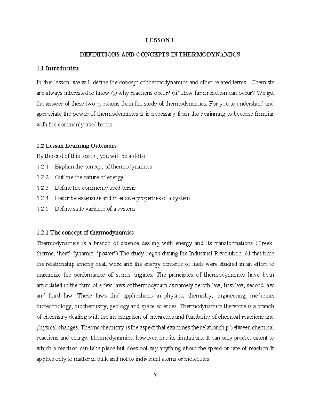 SCH211 Lesson 1 - LESSON 1 DEFINITIONS AND CONCEPTS IN THERMODYNAMICS 1 ...