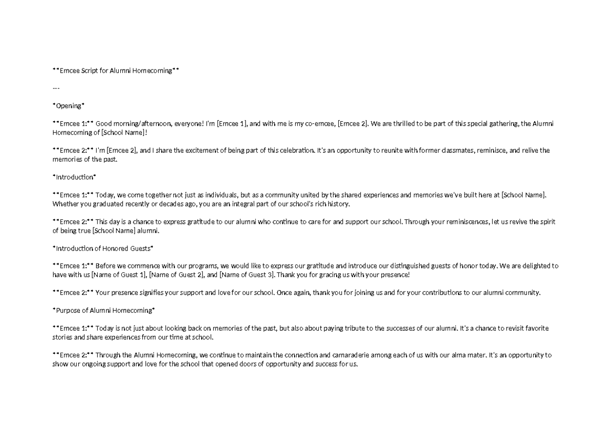 Alumni- Emcee- Script - Emcee Script for Alumni Homecoming Opening ...