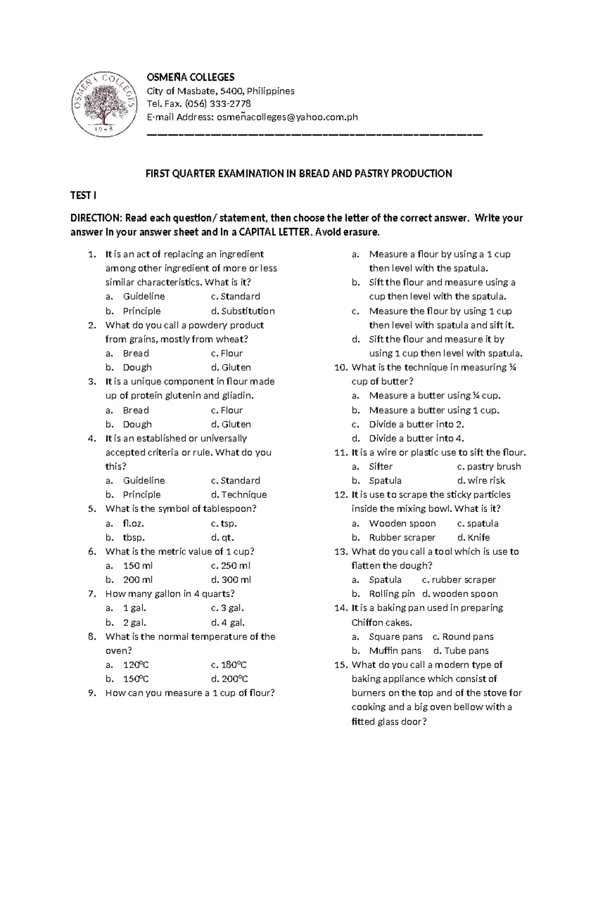 BPP ( First Quarter EXAM) - OSMEN͂ A COLLEGES City of Masbate, 5400 ...