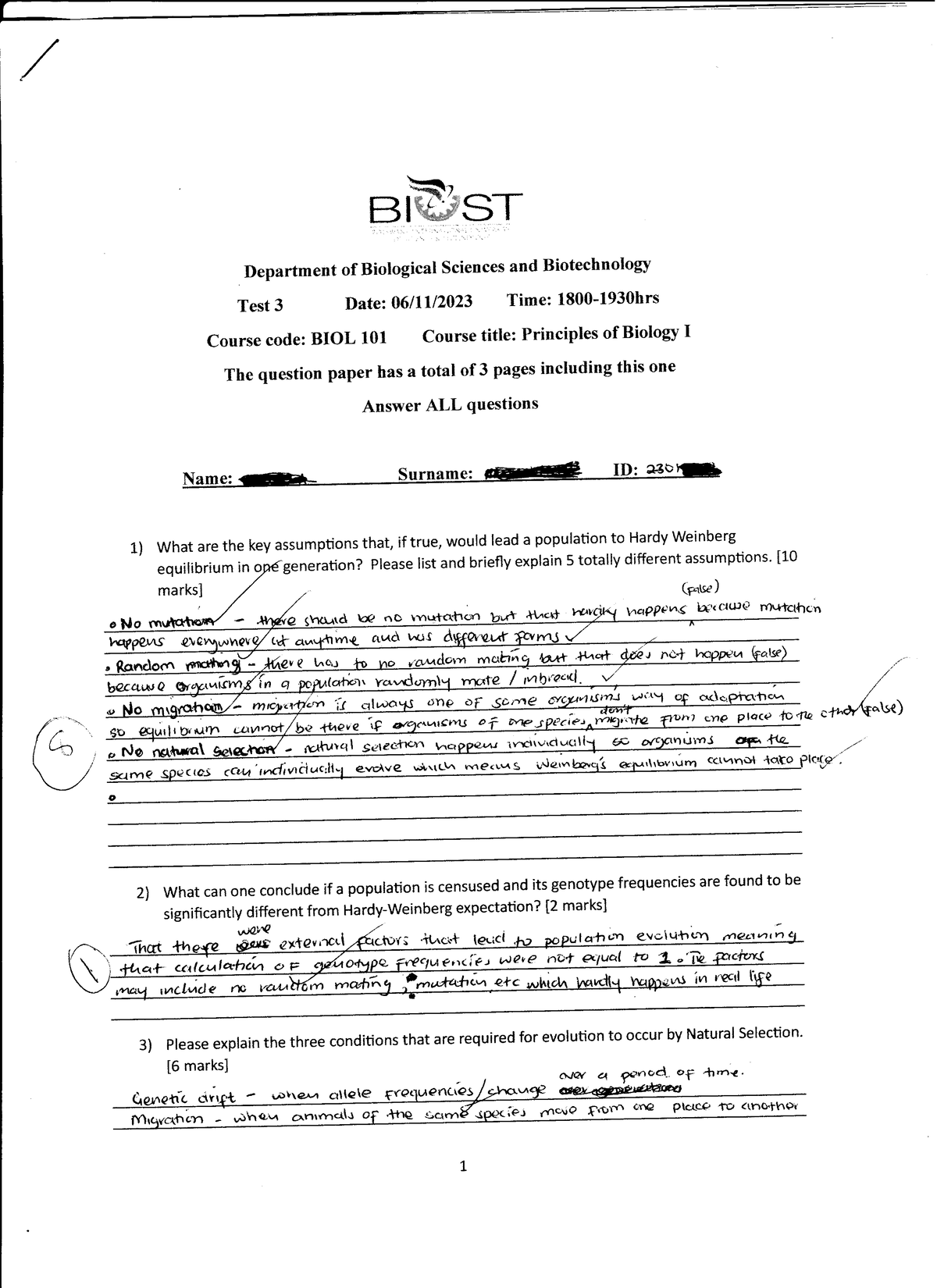 BIO101 TEST3 2023 - biology 101 - BI ST Department of Biological ...