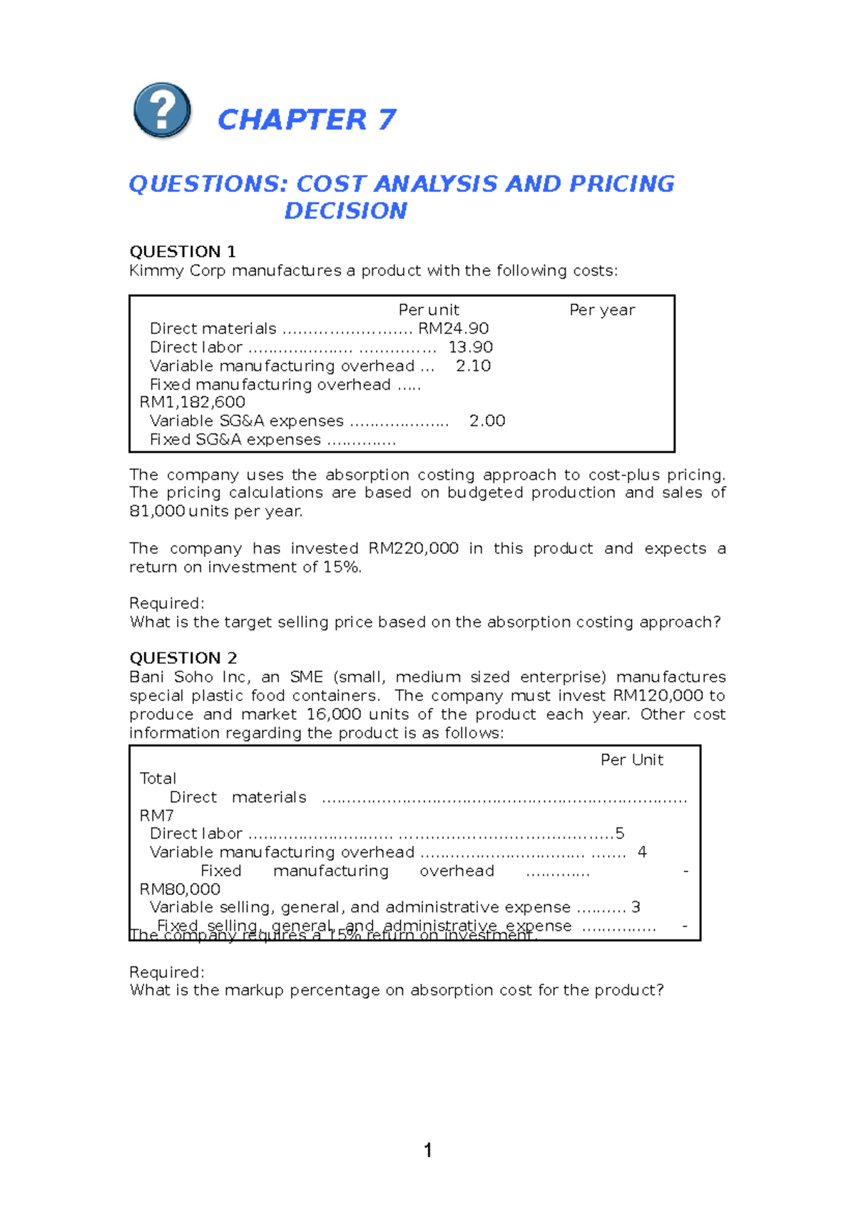 Pricing Qns - Practice question - CHAPTER 7 QUESTIONS: COST ANALYSIS ...