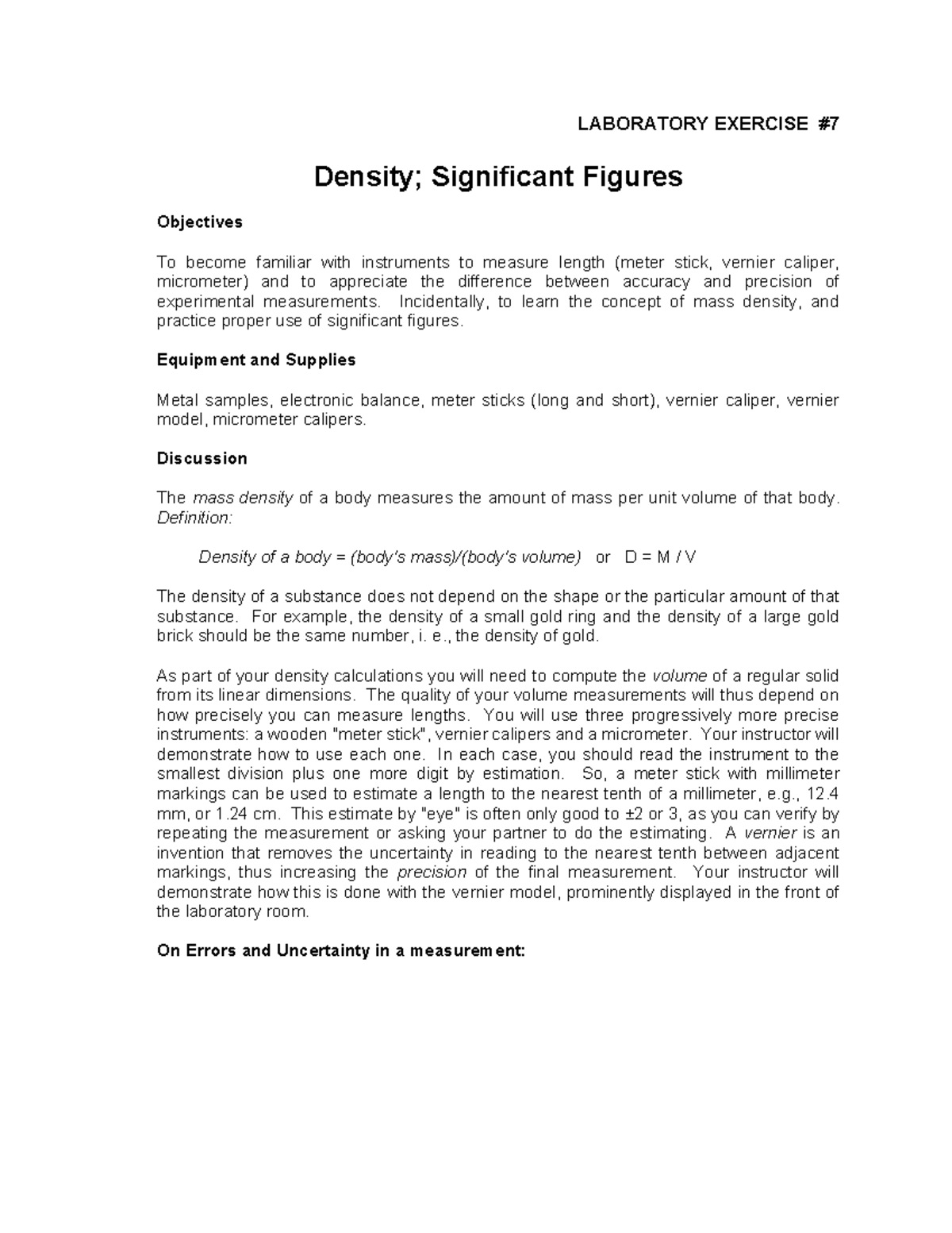 Lab 1 Density Significant Figures - LABORATORY EXERCISE Density ...