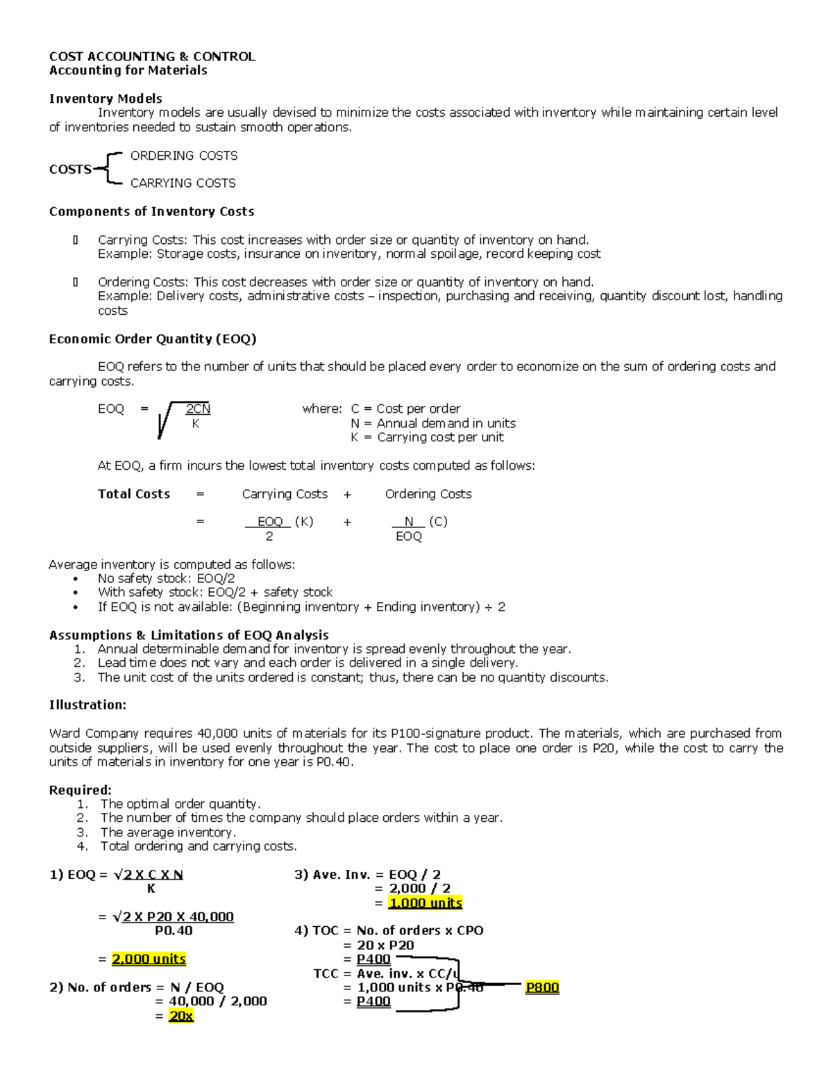COST- Accounting-EOQ - review - COST ACCOUNTING & CONTROL Accounting ...