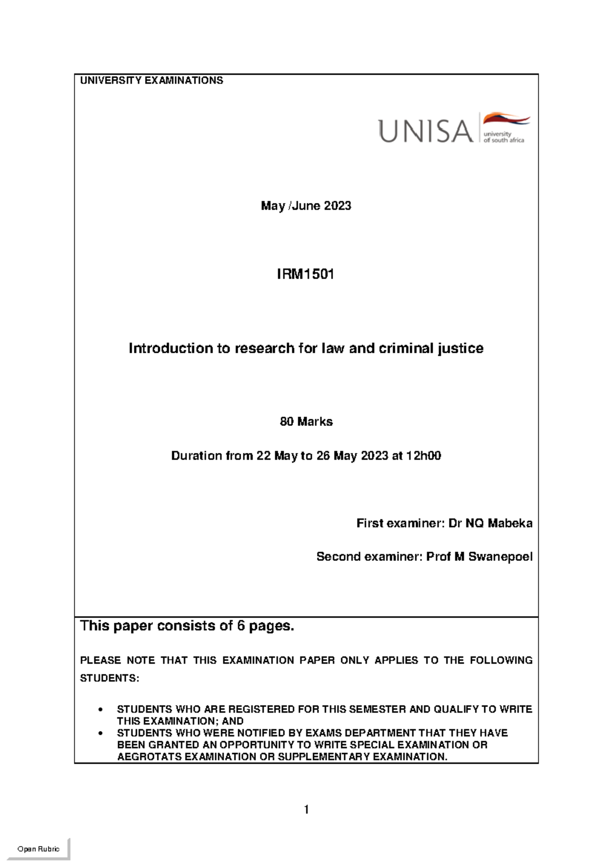 IRM1501 May June exam paper 2023 - UNIVERSITY EXAMINATIONS May /June ...