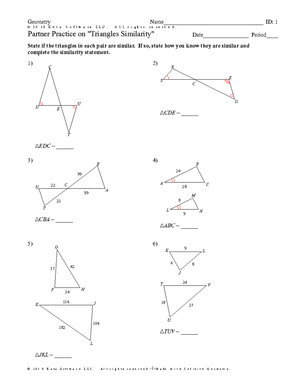 Partner Practice on Triangles Similarity - ©c z 2 I 0 j 1 W 9 ...