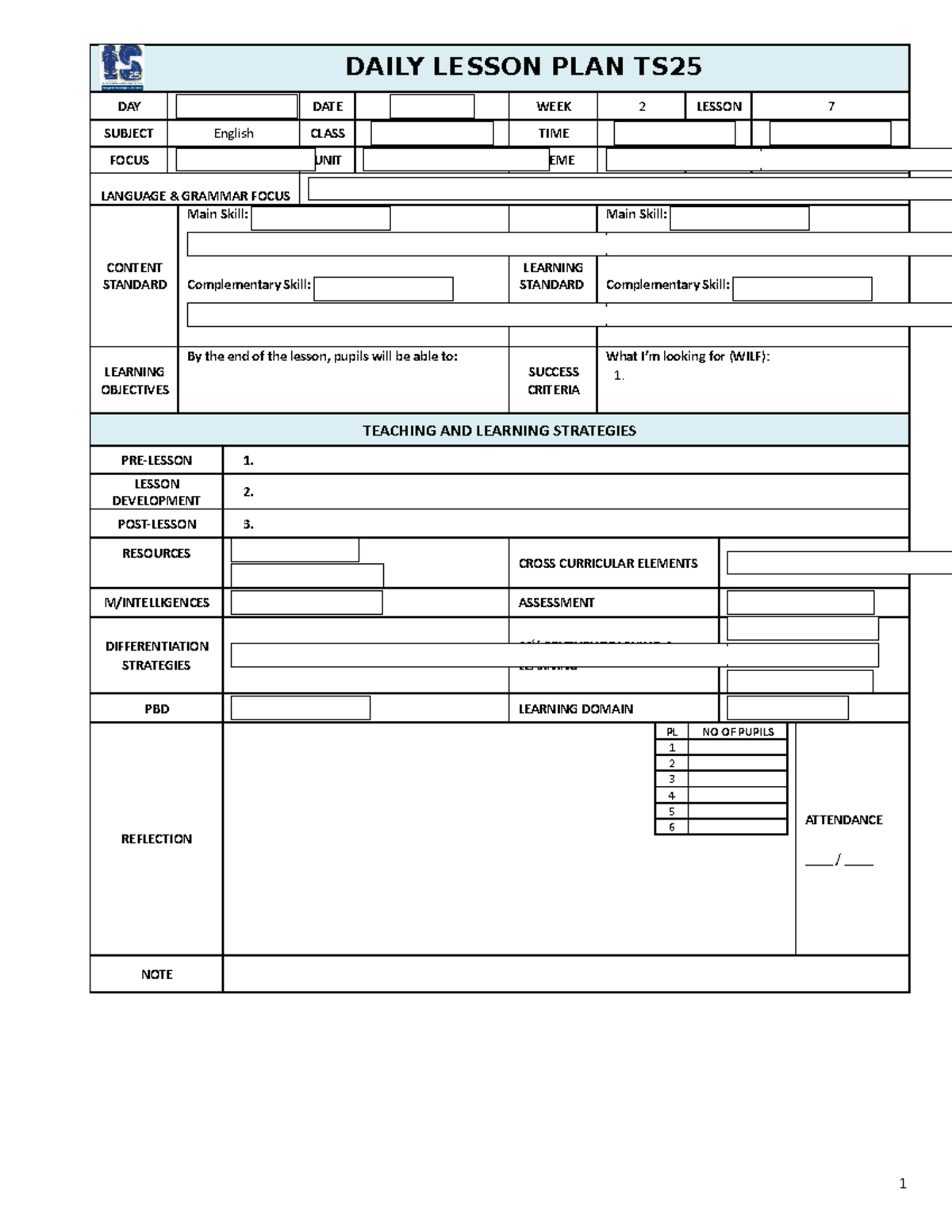 Lesson plan FORM 1 2022 - DAY DATE WEEK 2 LESSON 7 SUBJECT English ...