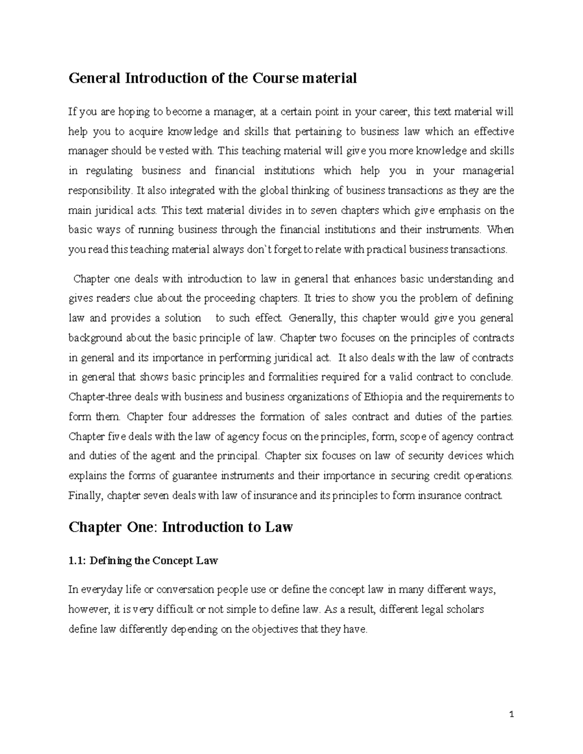 Business Law Handout 2 - General Introduction of the Course material If ...