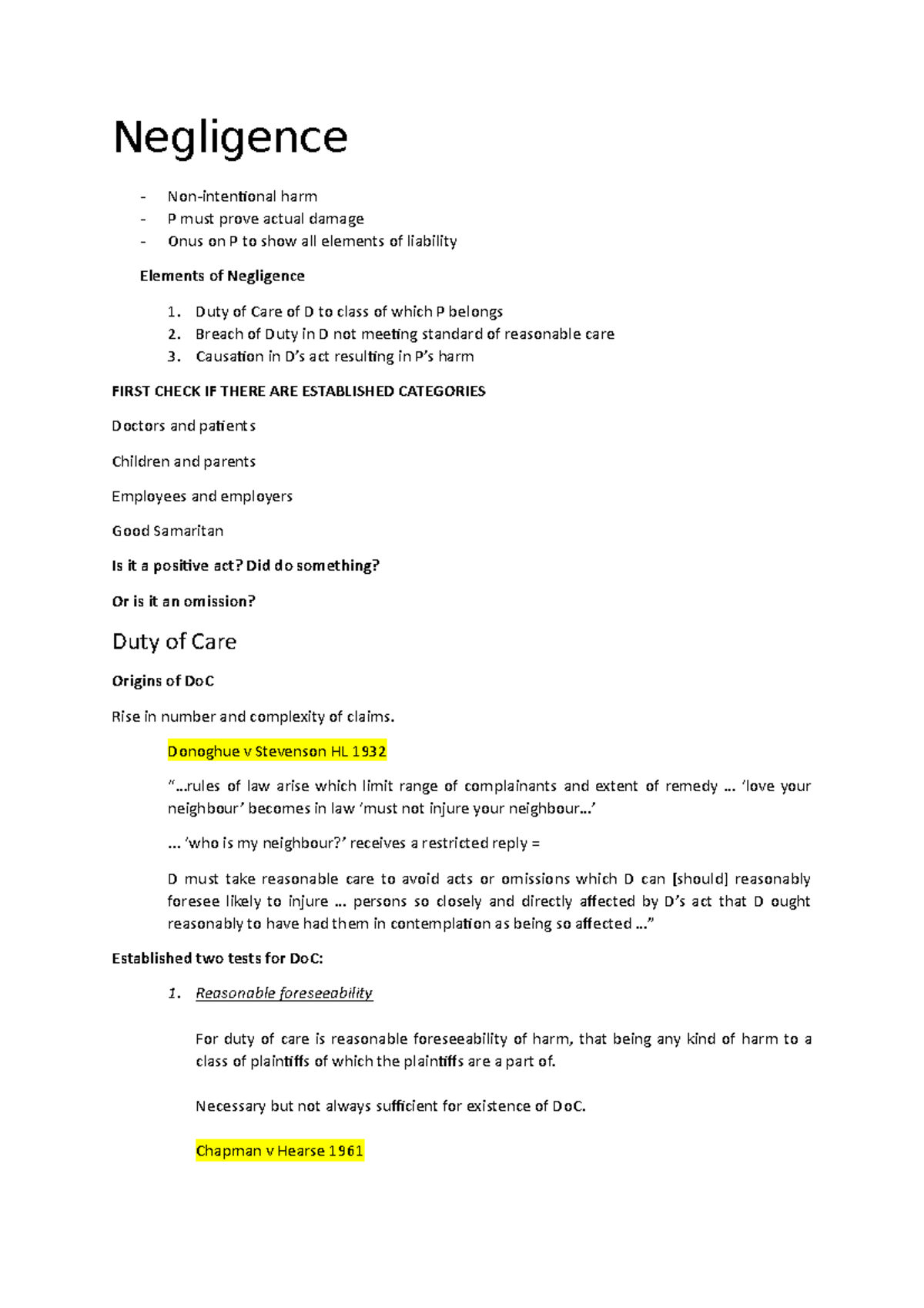 Negligence summary - Negligence - Non-intentional harm P must prove ...