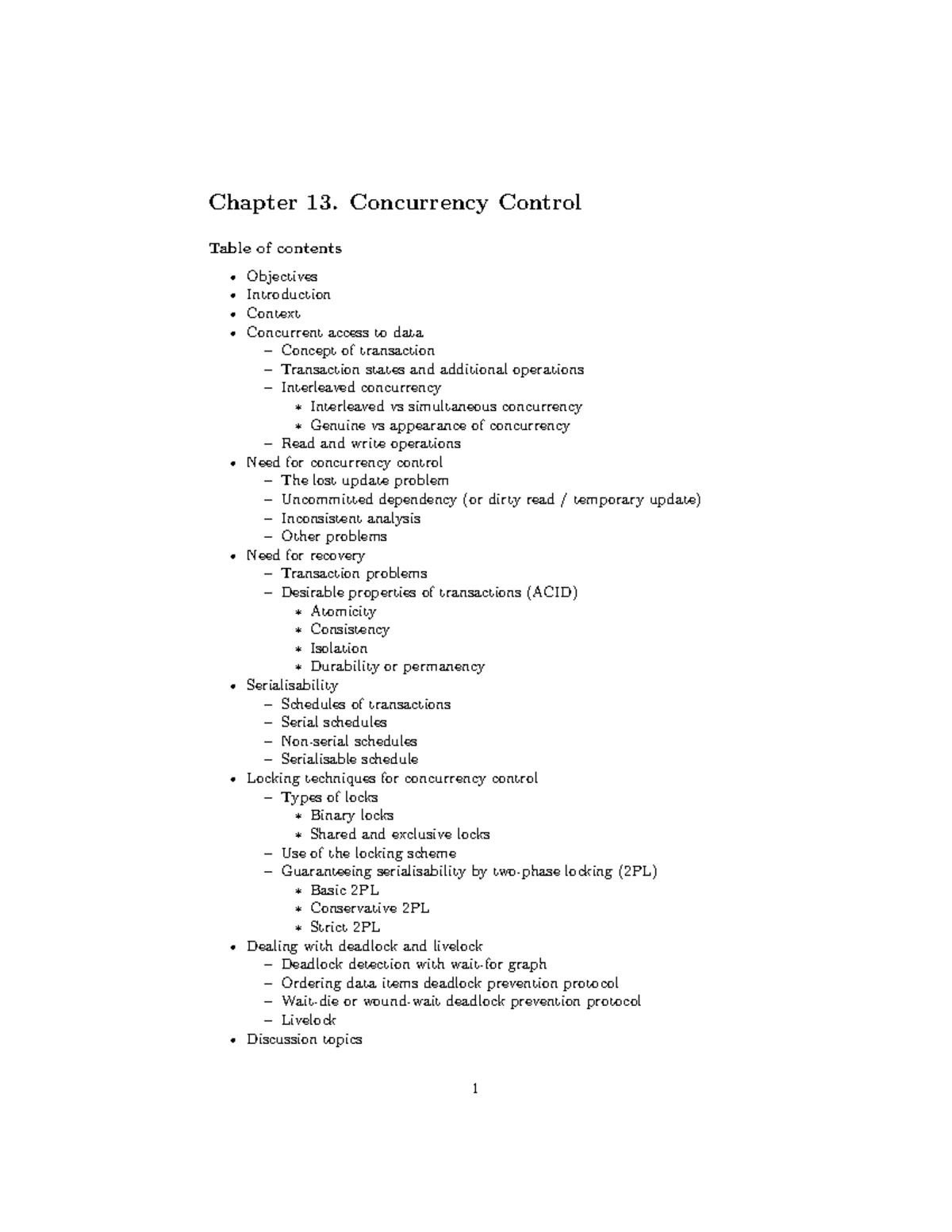 Concurrency control - Chapter 13. Concurrency Control Table of contents Objectives Introduction ...