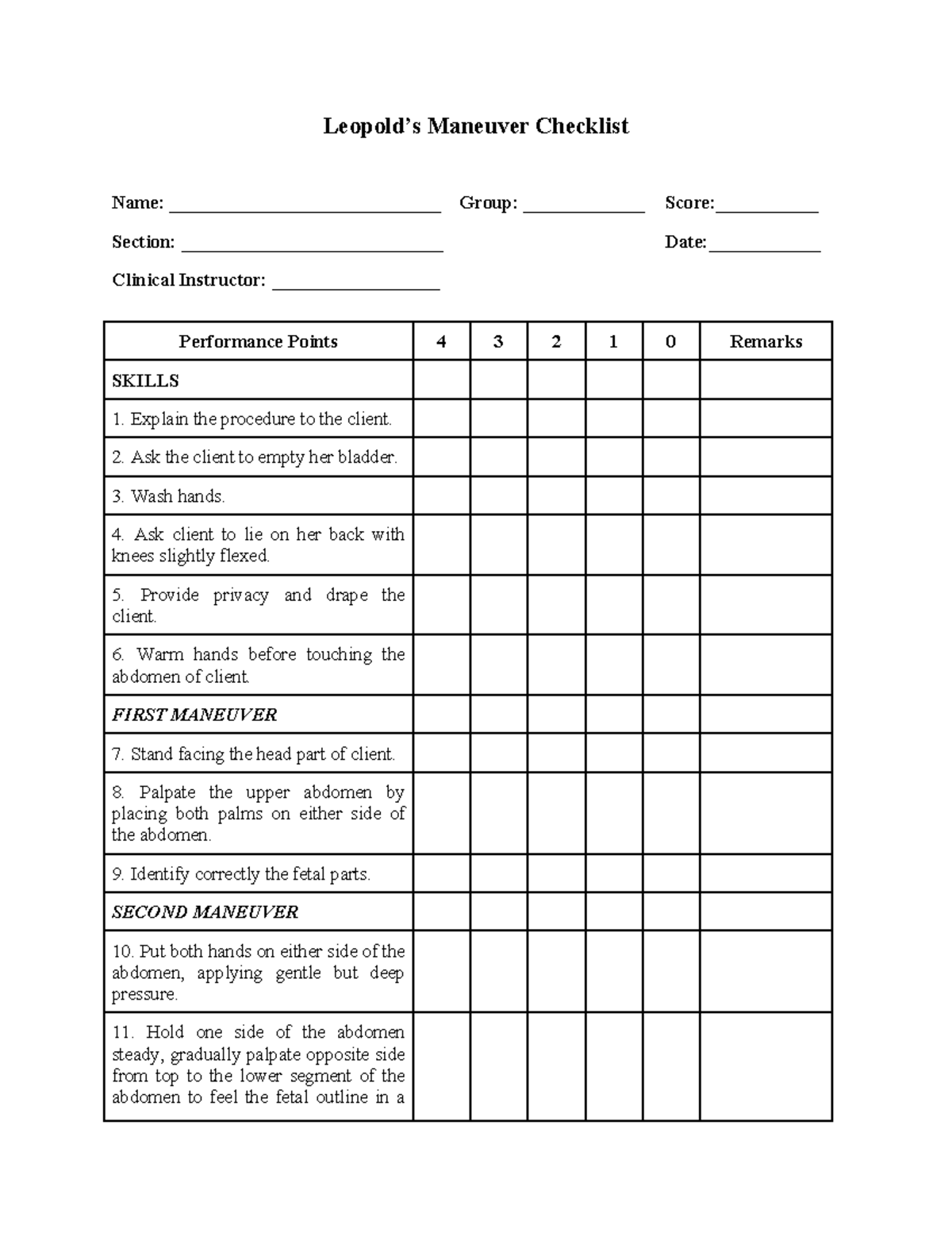 Leopold's maneuver - Leopold’s Maneuver Checklist Name ...