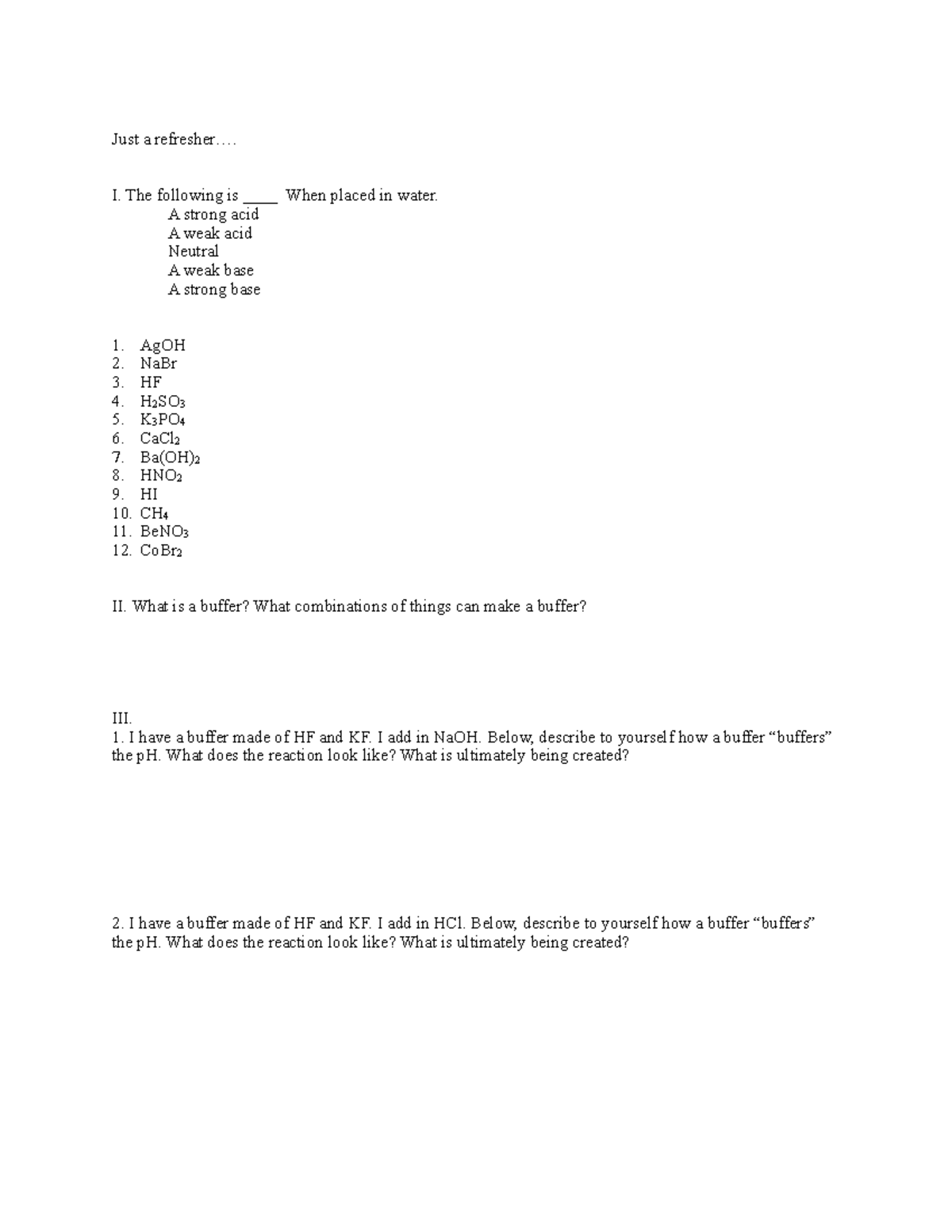 Gen Chem II Buffers and titrations review questions - Just a refresher ...