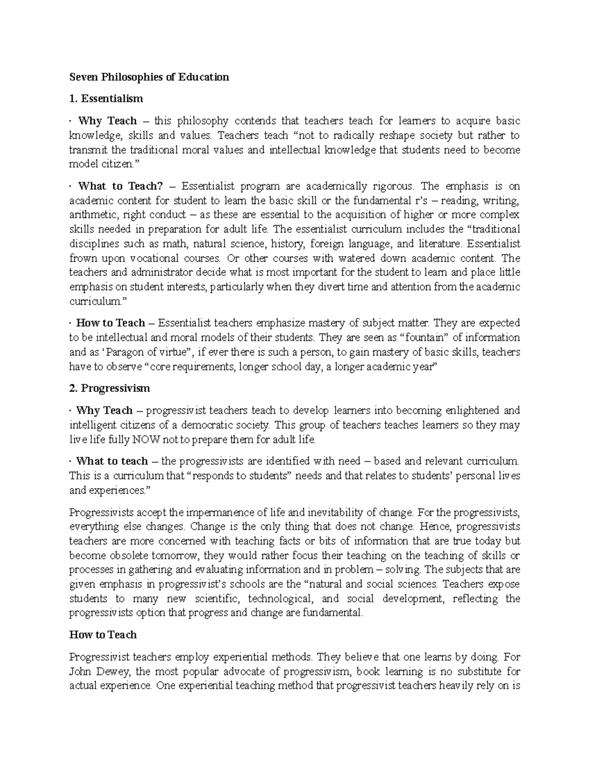 Seven Philosophies of Education - Essentialism · Why Teach – this ...