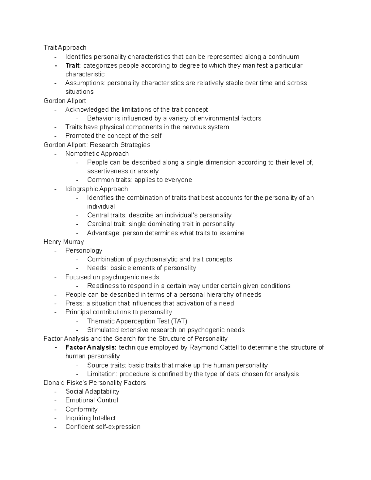 Chapter 7 - Trait Approach - Identifies personality characteristics that can be represented ...