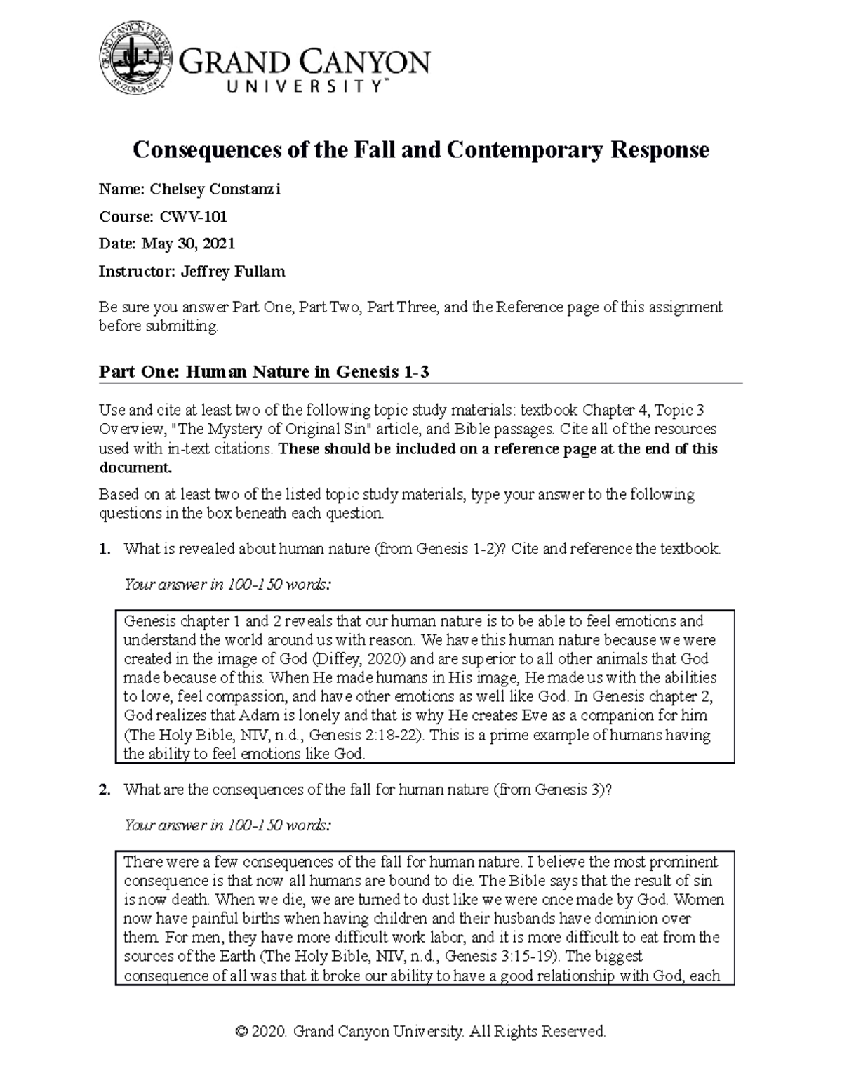 CWV101 T3 Conseq Of The Fall Contemporary Response- Constanzi - Consequences of the Fall and ...