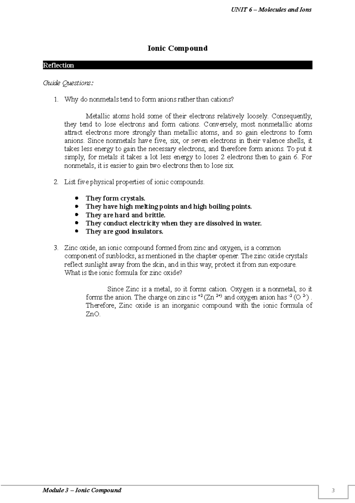 Module 3 Ionic Compound activities - 3 UNIT 6 – Molecules and Ions Ionic Compound Reflection ...