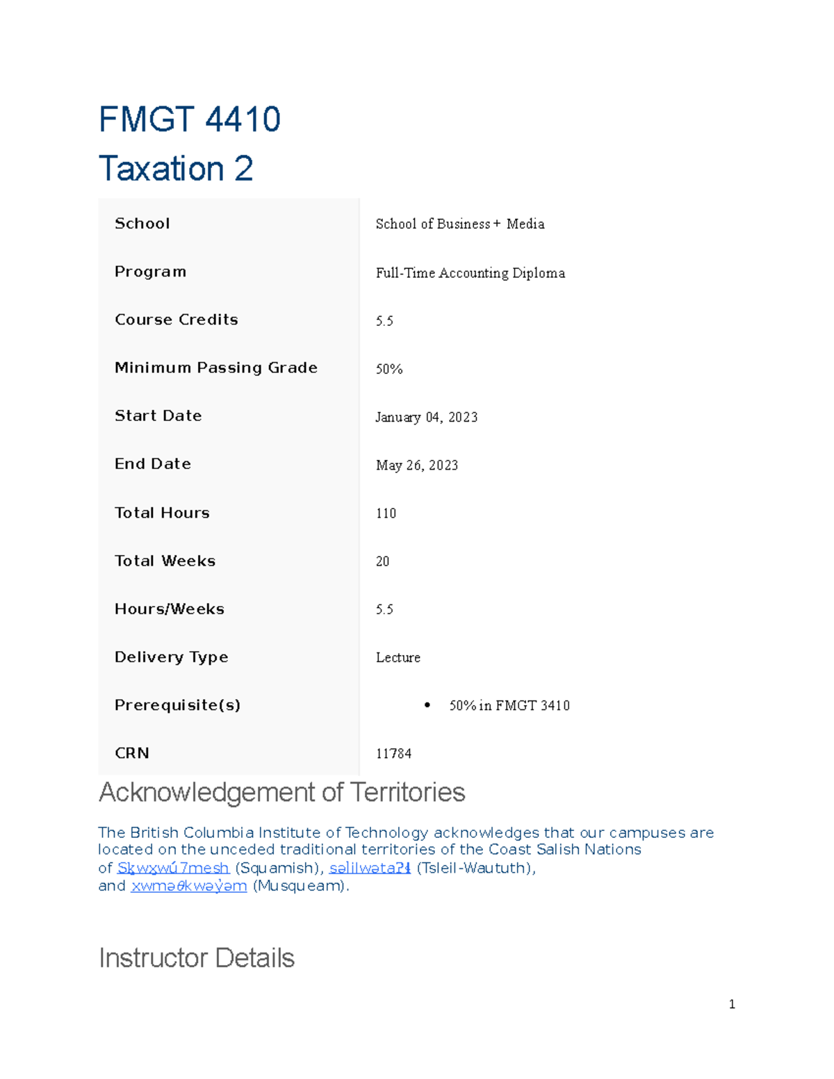 FMGT 4410 Winter 2023 Course Outline - FMGT 4410 Taxation 2 School School of Business + Media ...