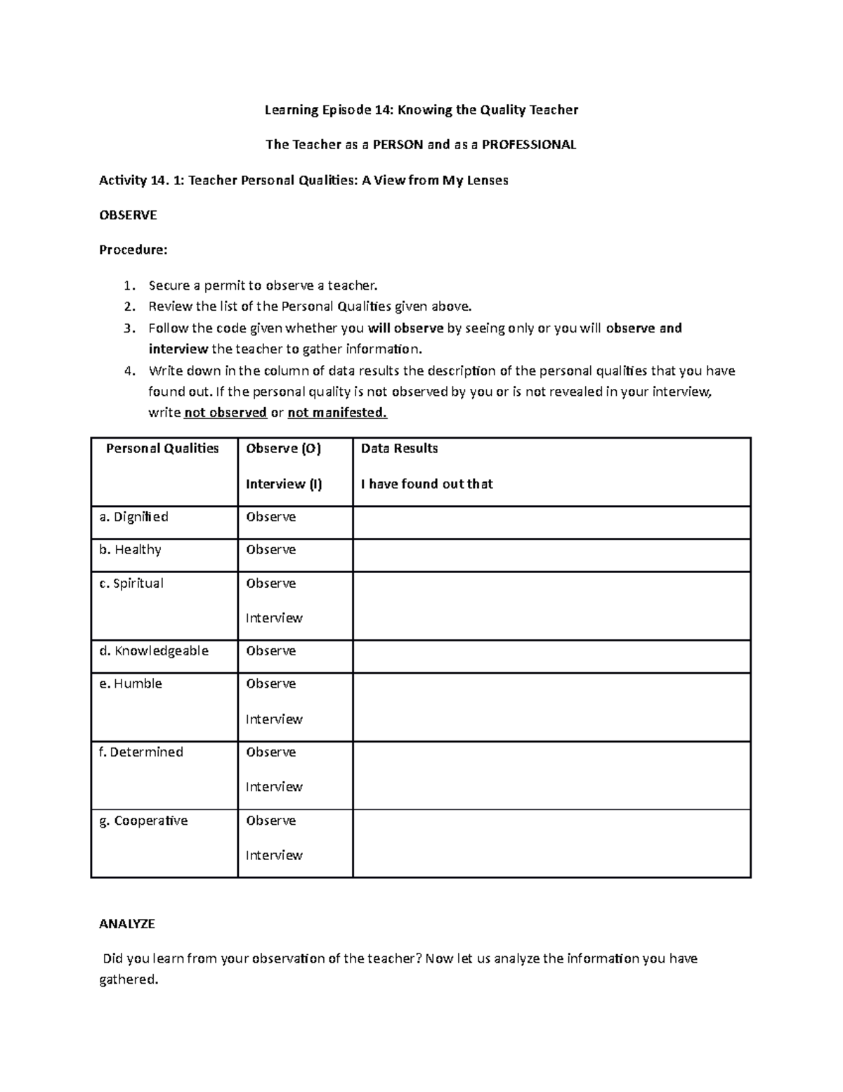 FS1 Learning-Episode-14 - Learning Episode 14: Knowing the Quality ...
