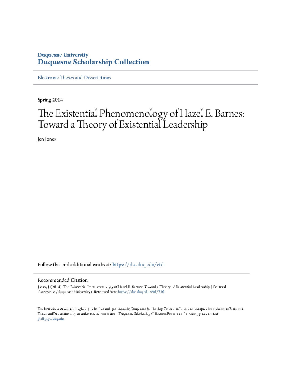 The Existential Phenomenology of Hazel E. Barnes Toward a Theory - Duquesne University Duquesne ...