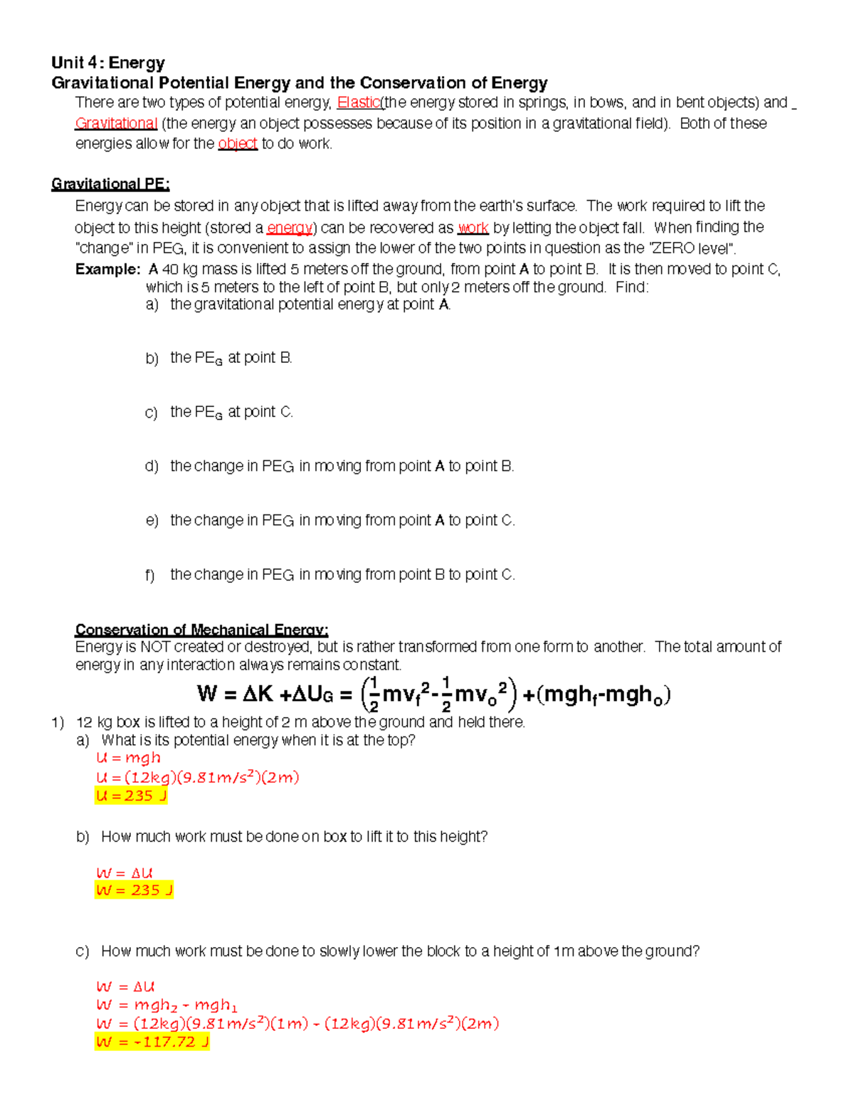 Gravitational Potential Energy and the Conservation of Energy Key ...