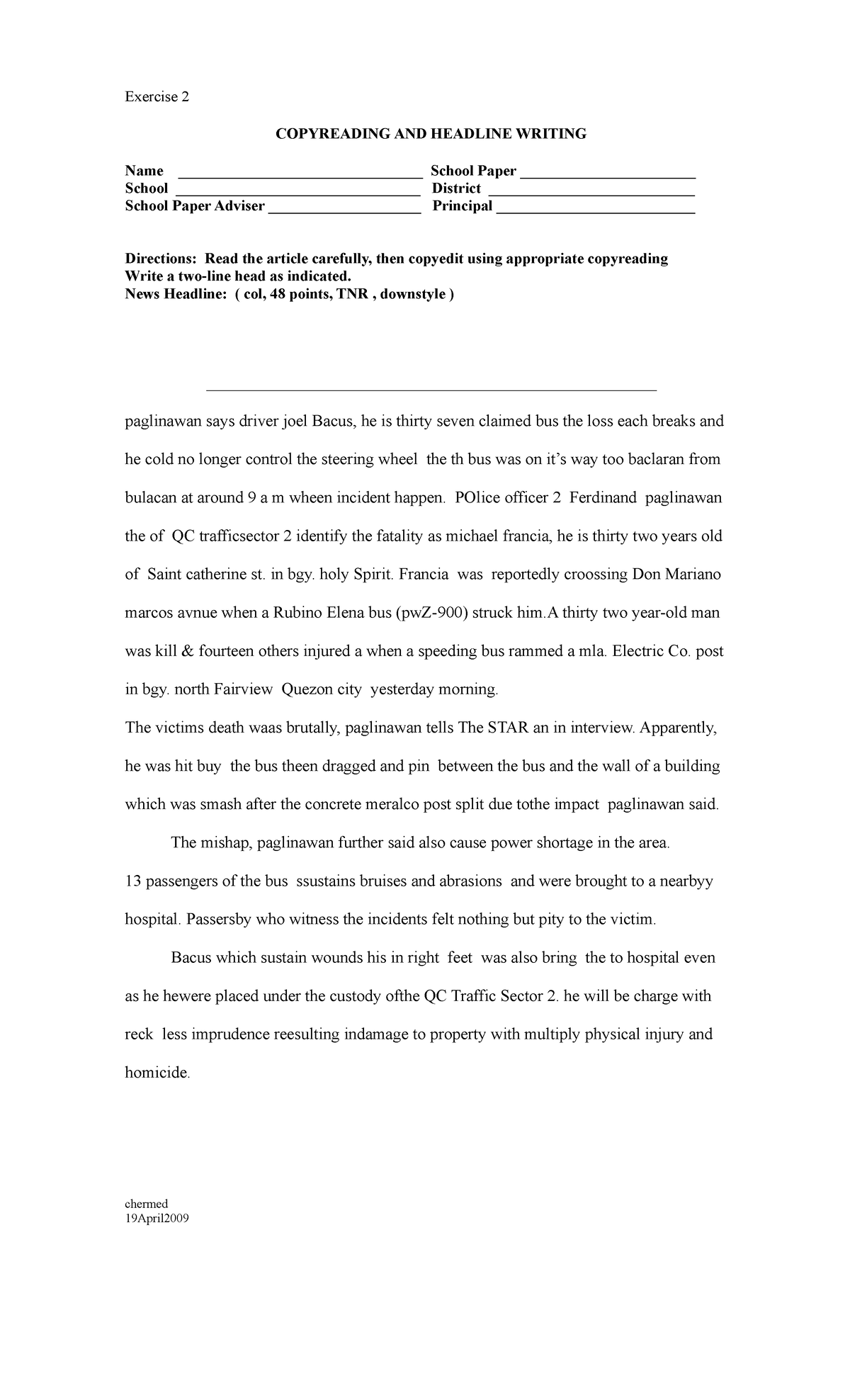 Copyreading 8 - An activity sheet for copy reading. - Exercise 2 ...