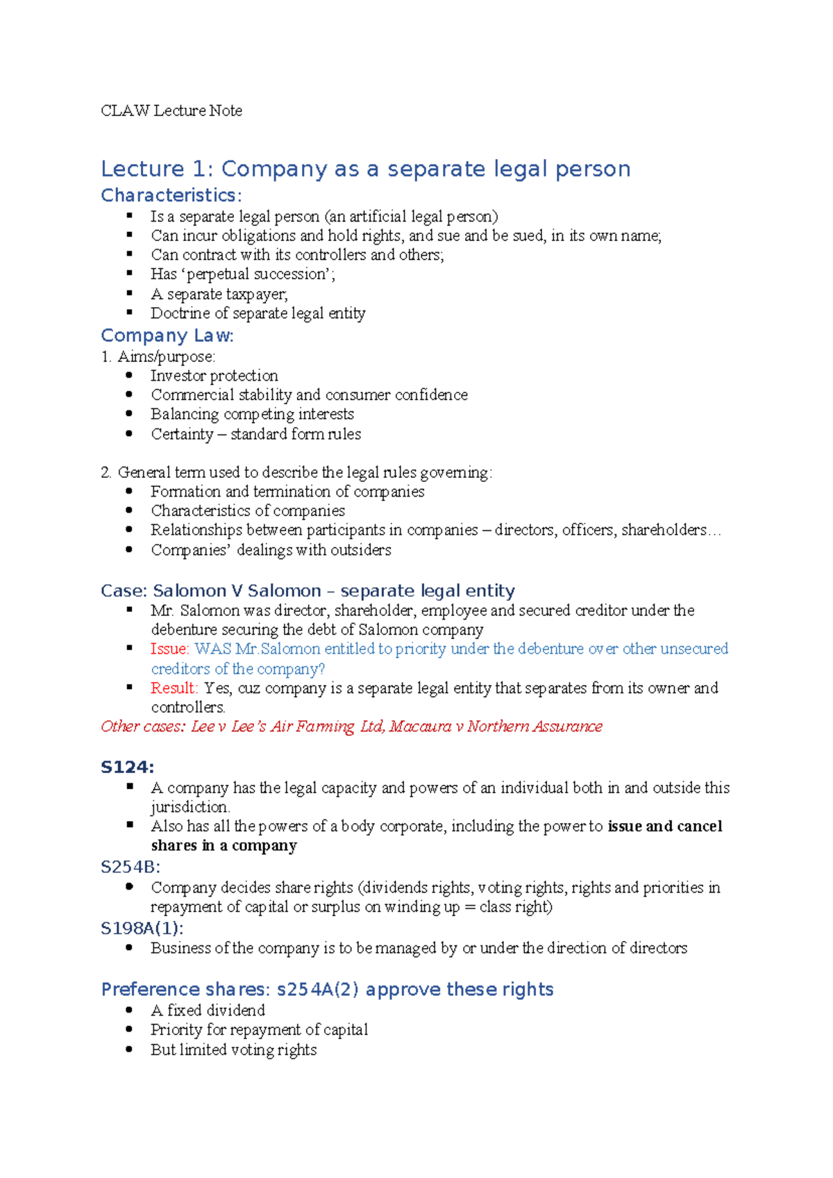 CLAW Lecture Note - CLAW Lecture Note Lecture 1: Company as a separate ...
