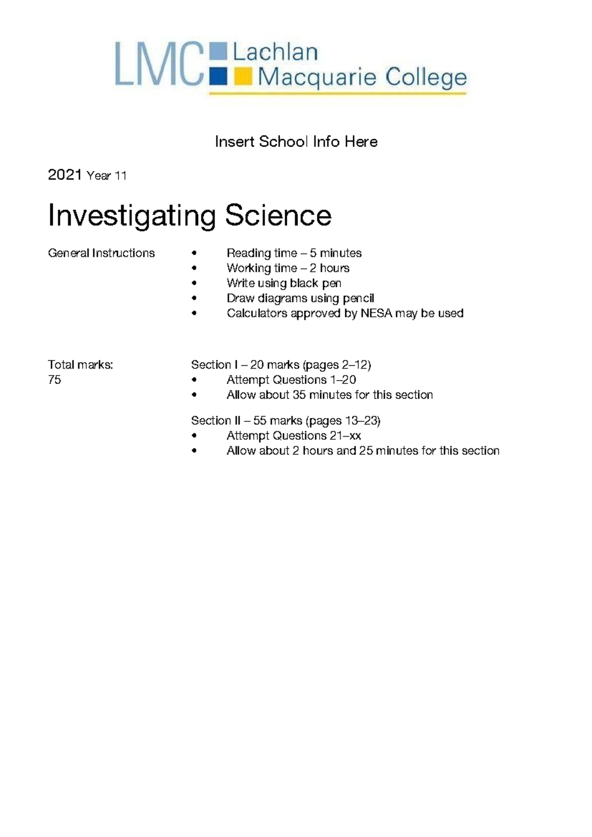 LMC Y11 Investigating Science 2021 - Yearly Exam - Insert School Info ...