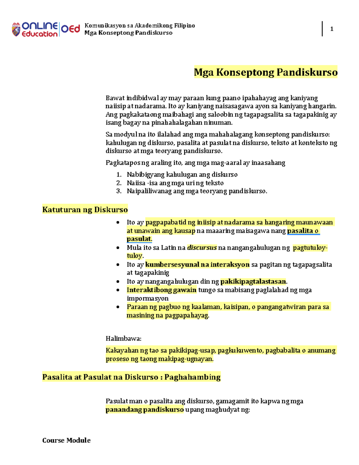 W3 Aralin 3 - Diskurso - Module - Komunikasyon sa Akademikong Filipino ...