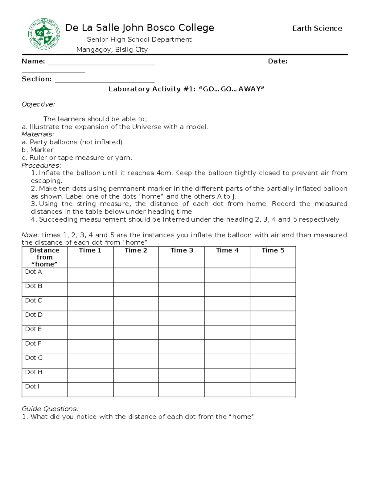 Big Bang Balloon - De La Salle John Bosco College Earth Science Senior ...