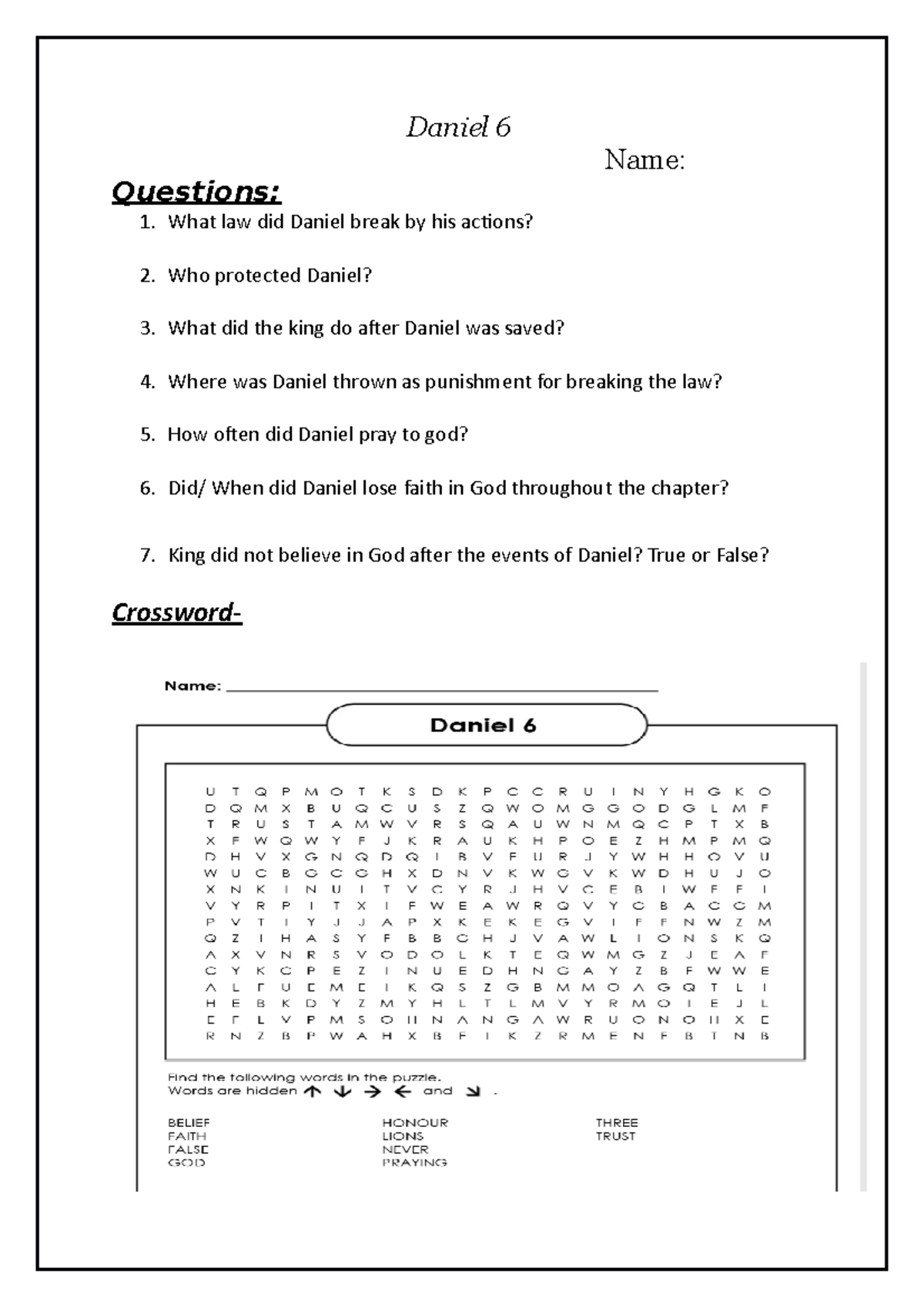 worksheet for practical student lessons - Daniel 6 Name: Questions ...